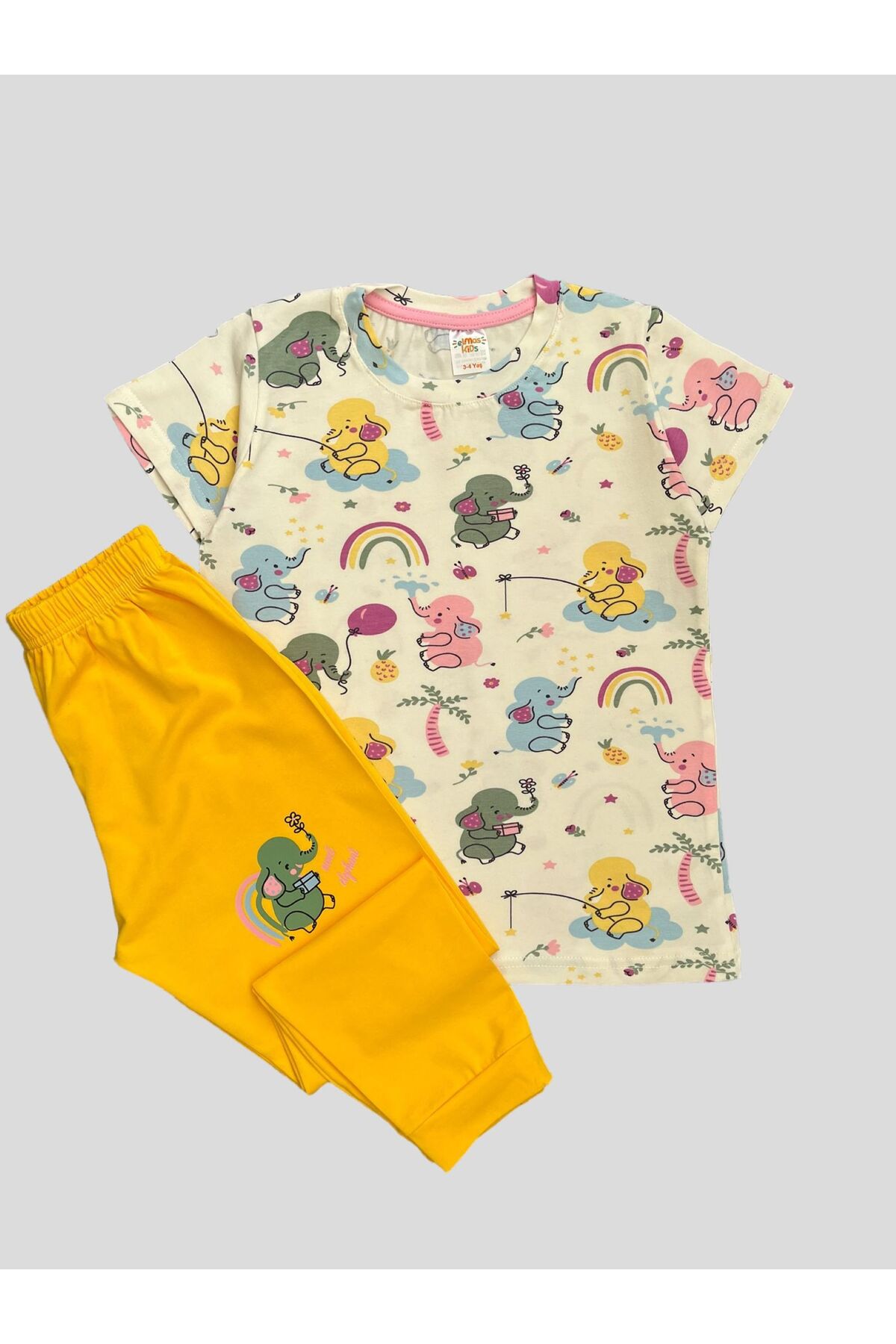 elmas kids Kız Çocuk %100 Pamuklu Fil Desenli Beyaz Kısa Kollu Yazlık ...