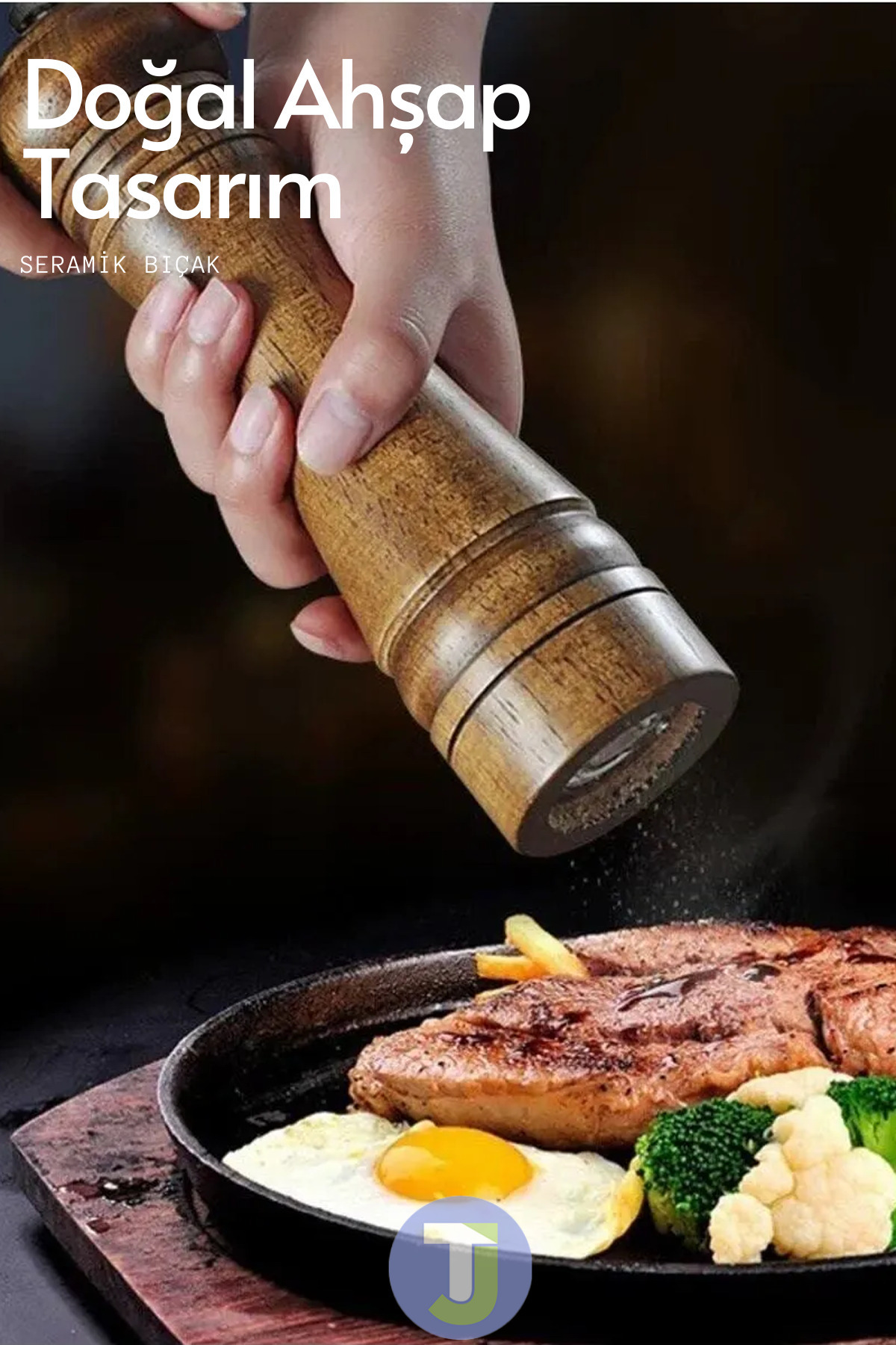 Technojet 2 li Set 22 cm Tabaklı Doğal Ahşap Karabiber Tuz Kahve Baharat Öğütücü Değirmen Tuz ...