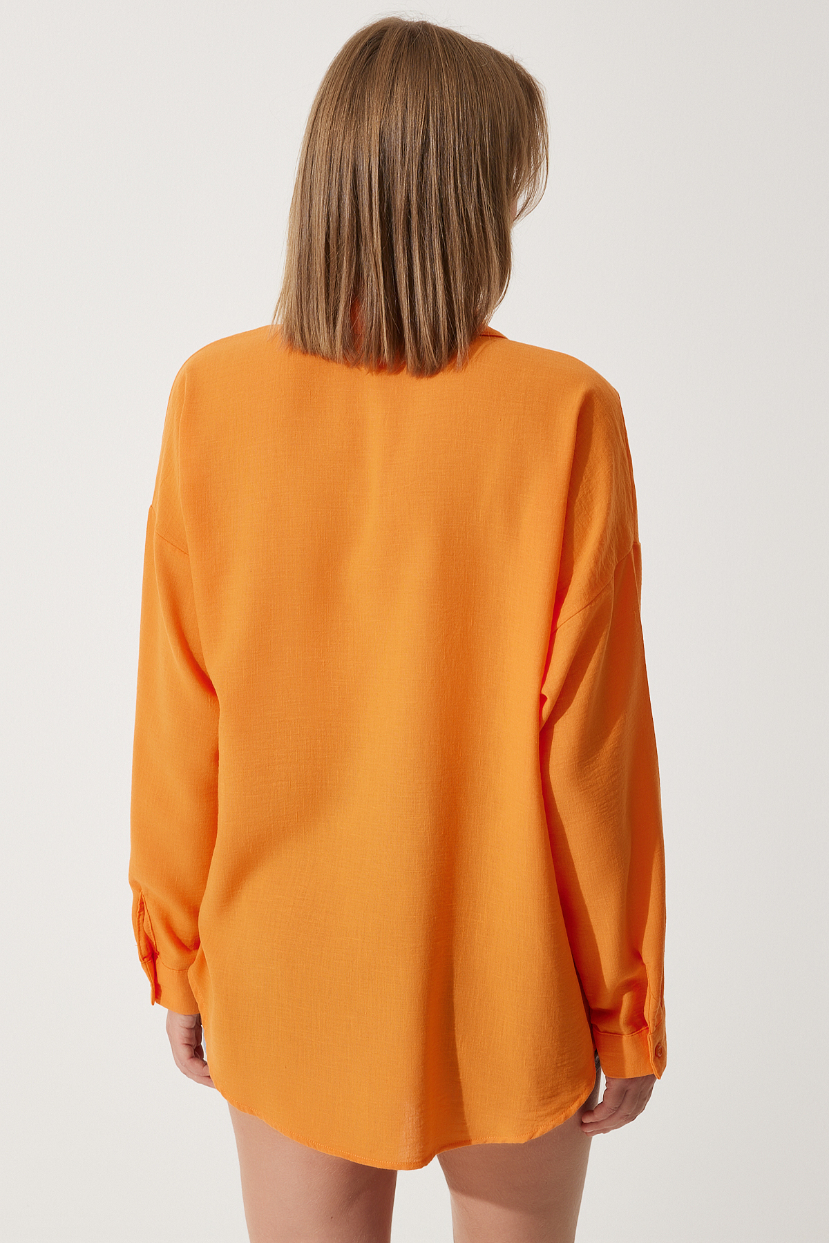 Happiness İstanbul Kadın Oranj Oversize Keten Ayrobin Gömlek DD01222 ...