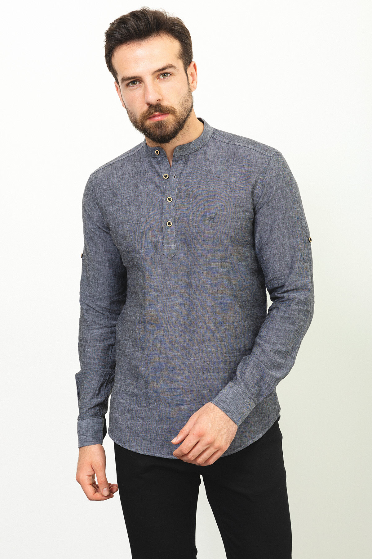 Mcr Desenli Antrasit Rengi Slim Fit Hakim Yaka Keten Erkek Gömlek ...