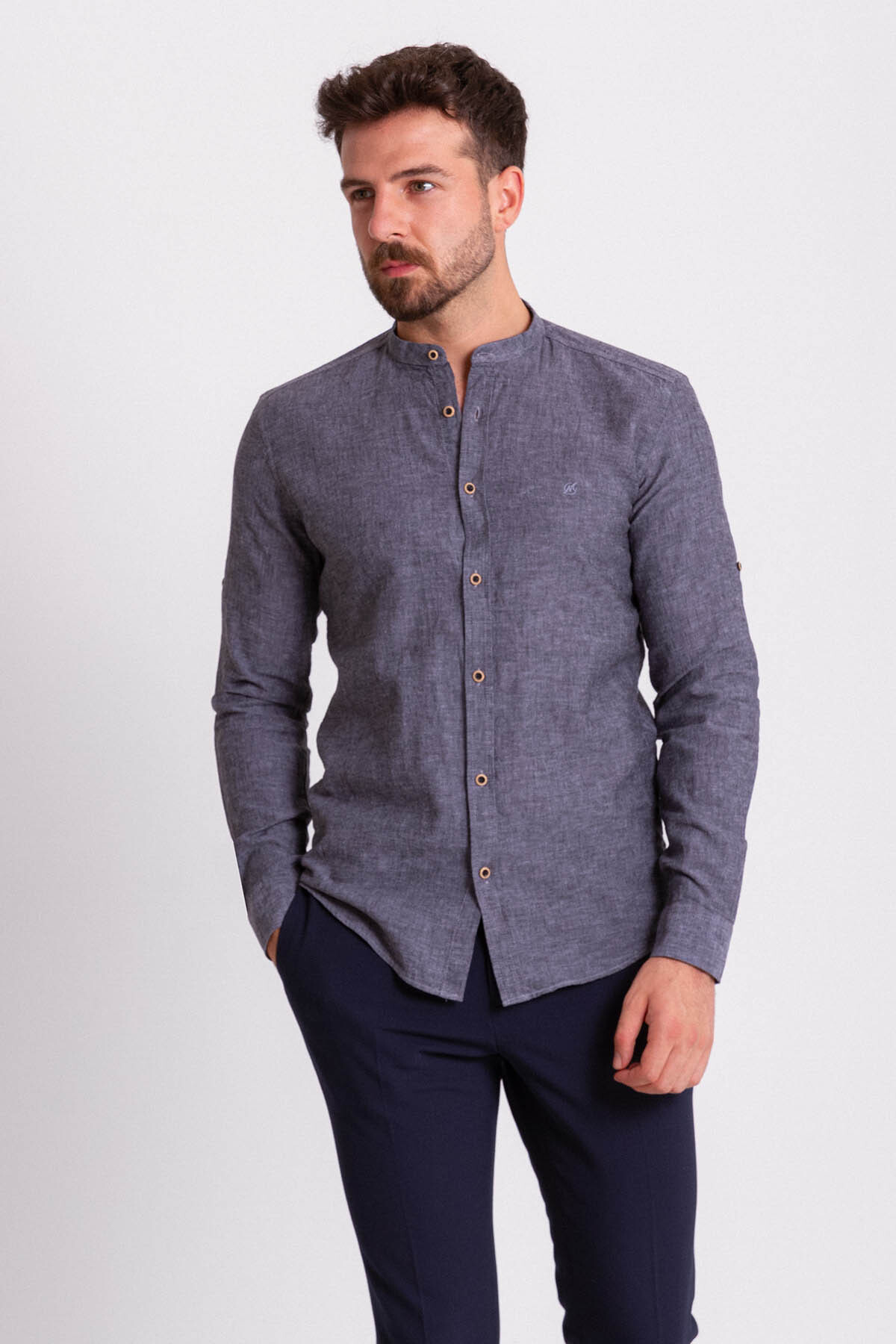 Mcr Düz Antrasit Rengi Slim Fit Hakim Yaka Basic Keten Erkek Gömlek ...
