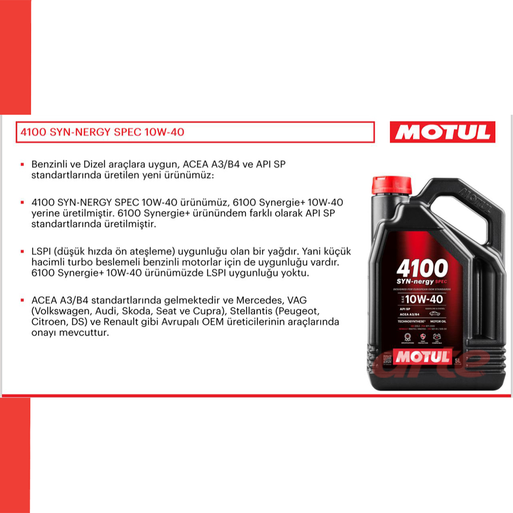 Motul 4100 Syn-nergy Spec 10w-40 4l %100 Sentetik (6100 ILE ...