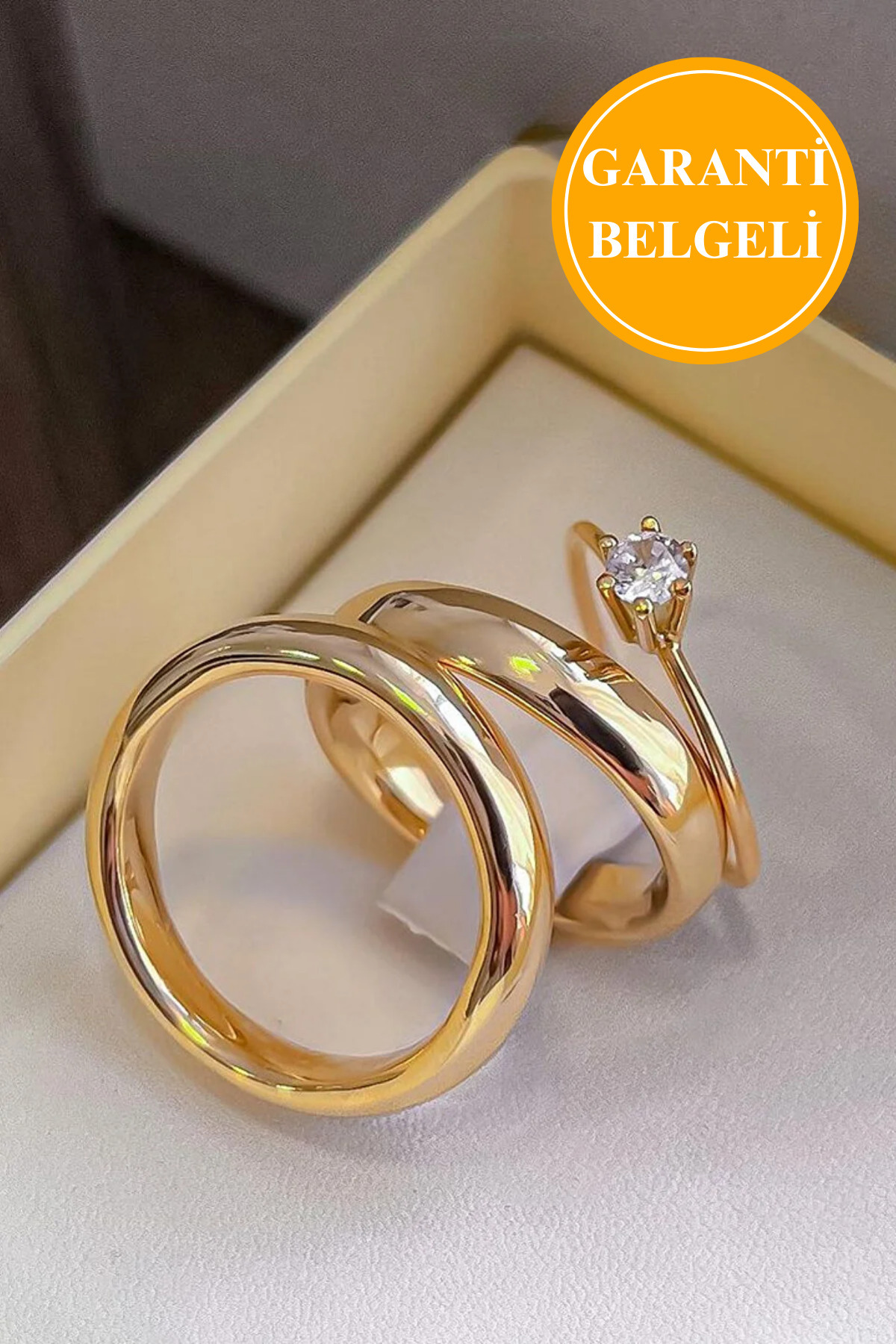 zirconia diamond zd Işıklı kutuda 4 mm çift alyans ve tektaş yüzük ...