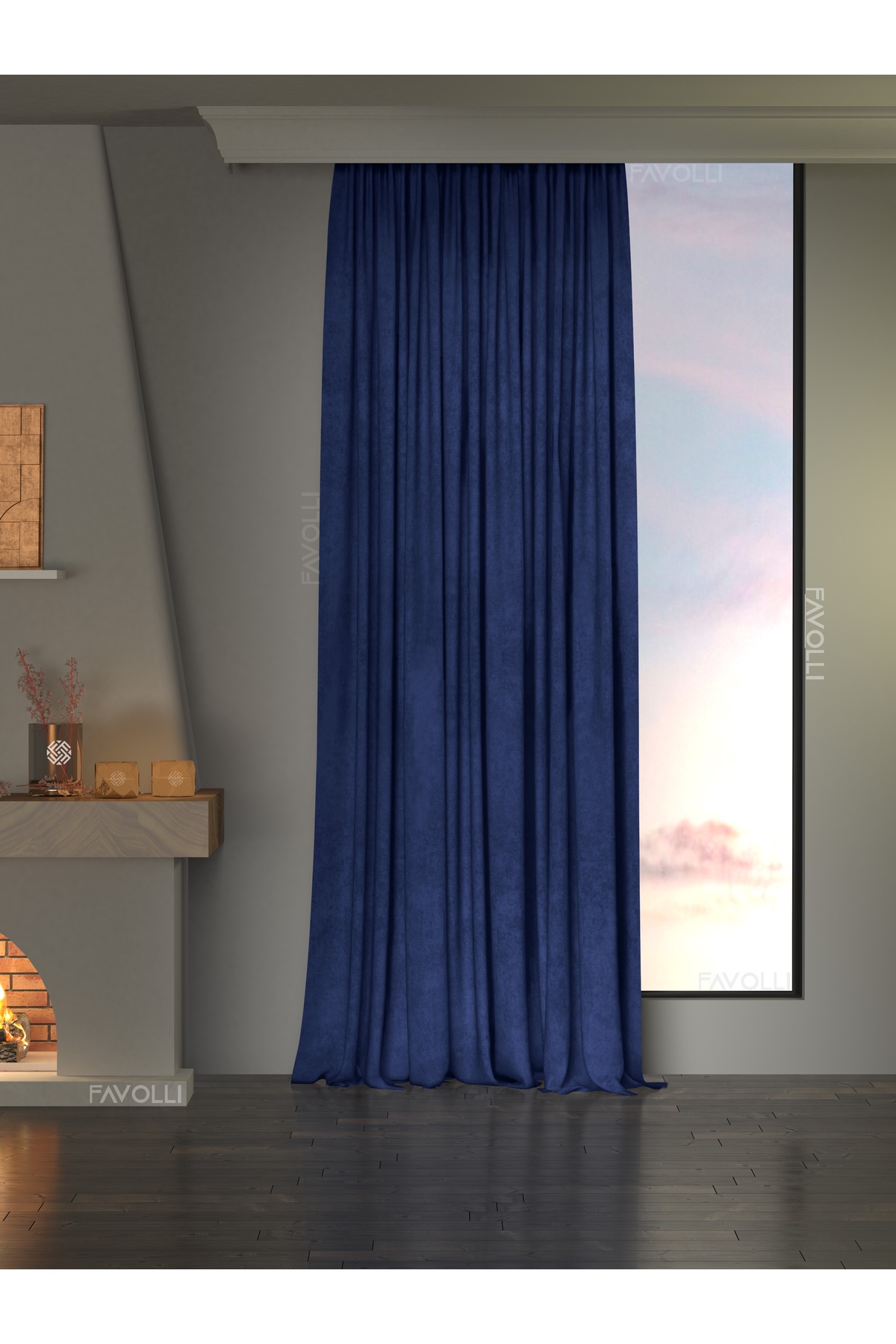 FAVOLLİ Velvet Textured Sapphire Color Island Background Curtain ...