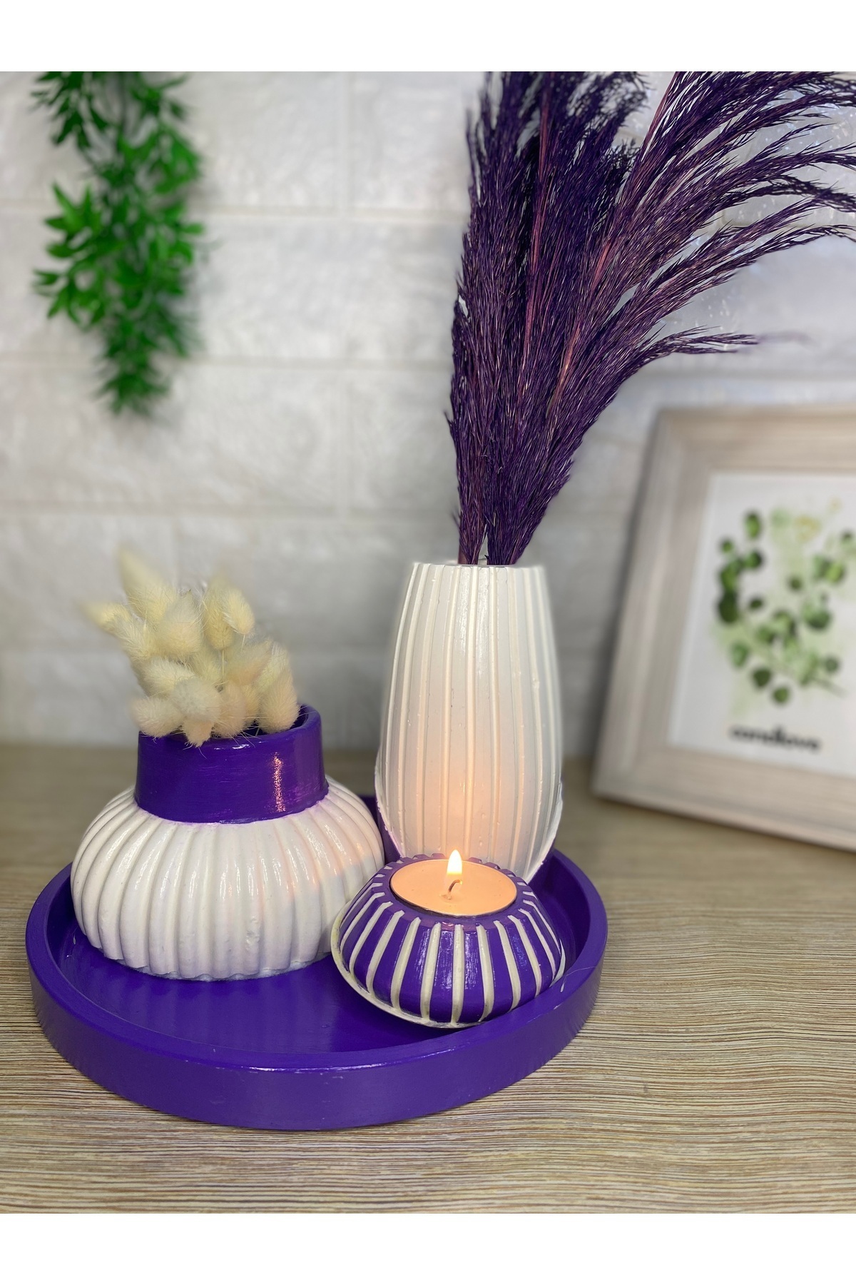 candlove Beyaz - Mor Tombul Vazo, Modern Büyük Vazo ve Tealight Mumluk ...