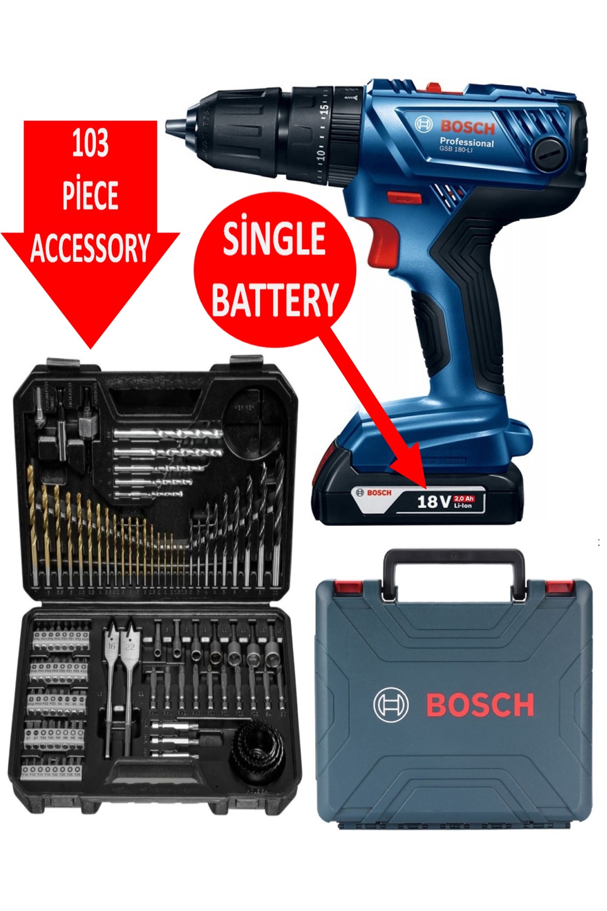 Bosch Cordless Impact Drill Cordless Combi Single Battery 18 Volt + 103 ...