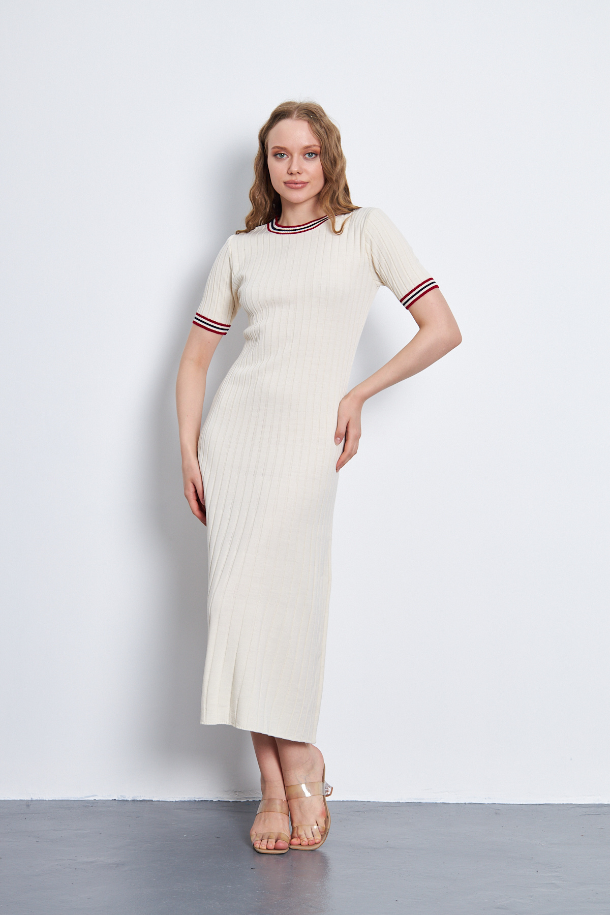 brako tekstil Kadın Ekru Bisiklet Yaka Fitilli Kısa Kollu Şerit Detaylı Triko Uzun Elbise Fiyatı ...