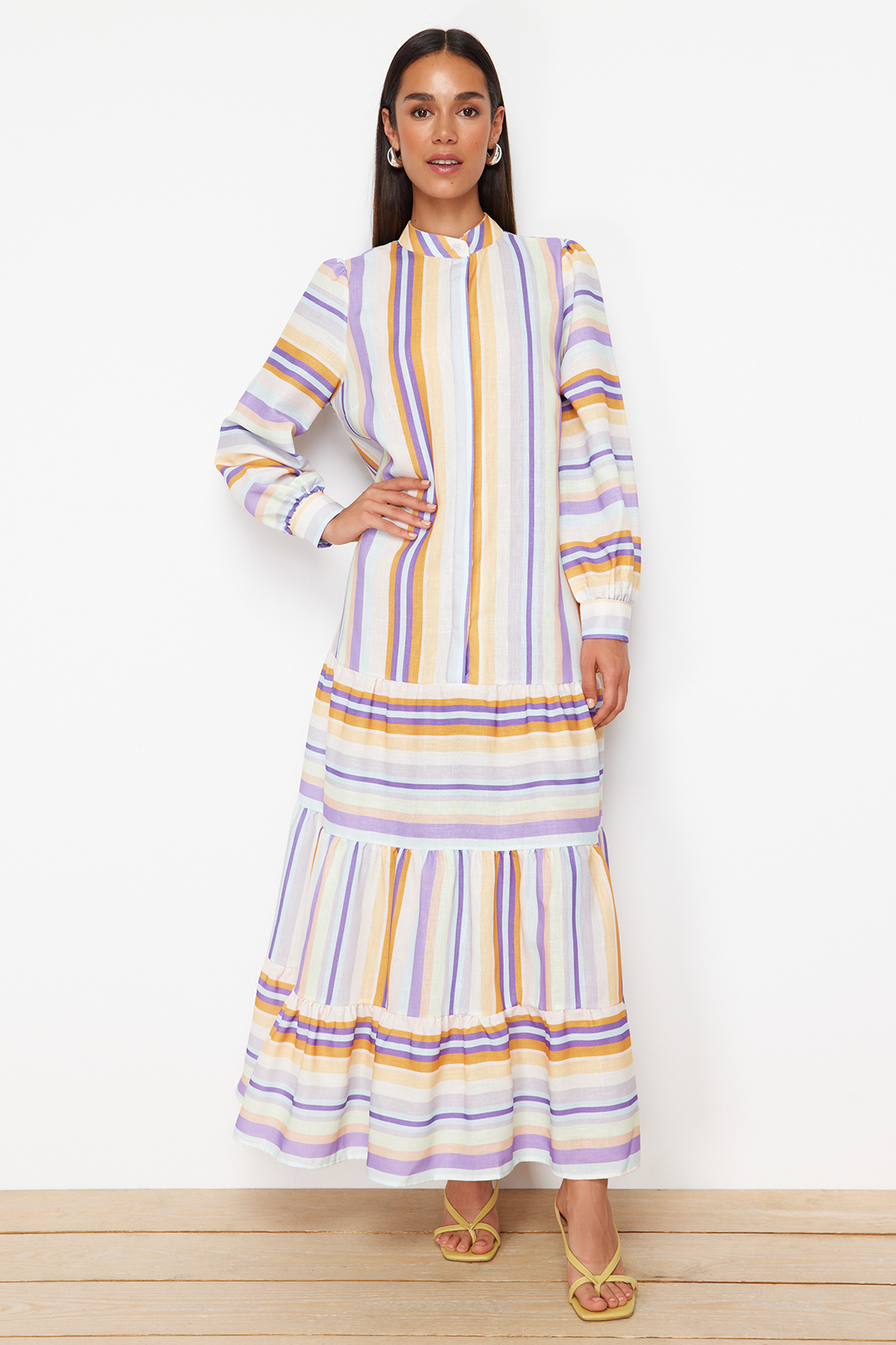 TRENDYOL MODEST Lilac Striped Skirt Ruffle Linen Look Woven Dress ...