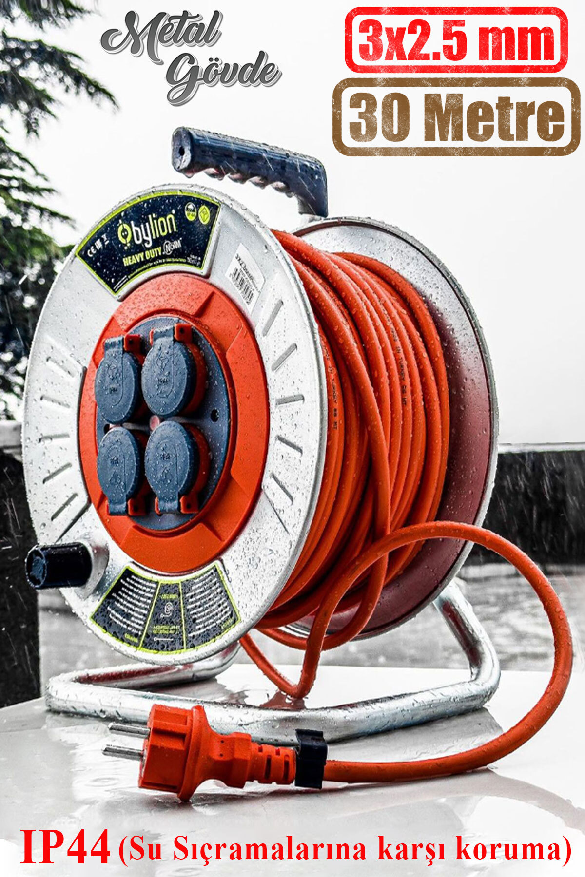 Bylion Makaralı Seyyar Kablo Kapaklı 4 Prizli Metal Uzatma Kablosu 3x2.5 Mm Ttr Cca Kablo 30 ...