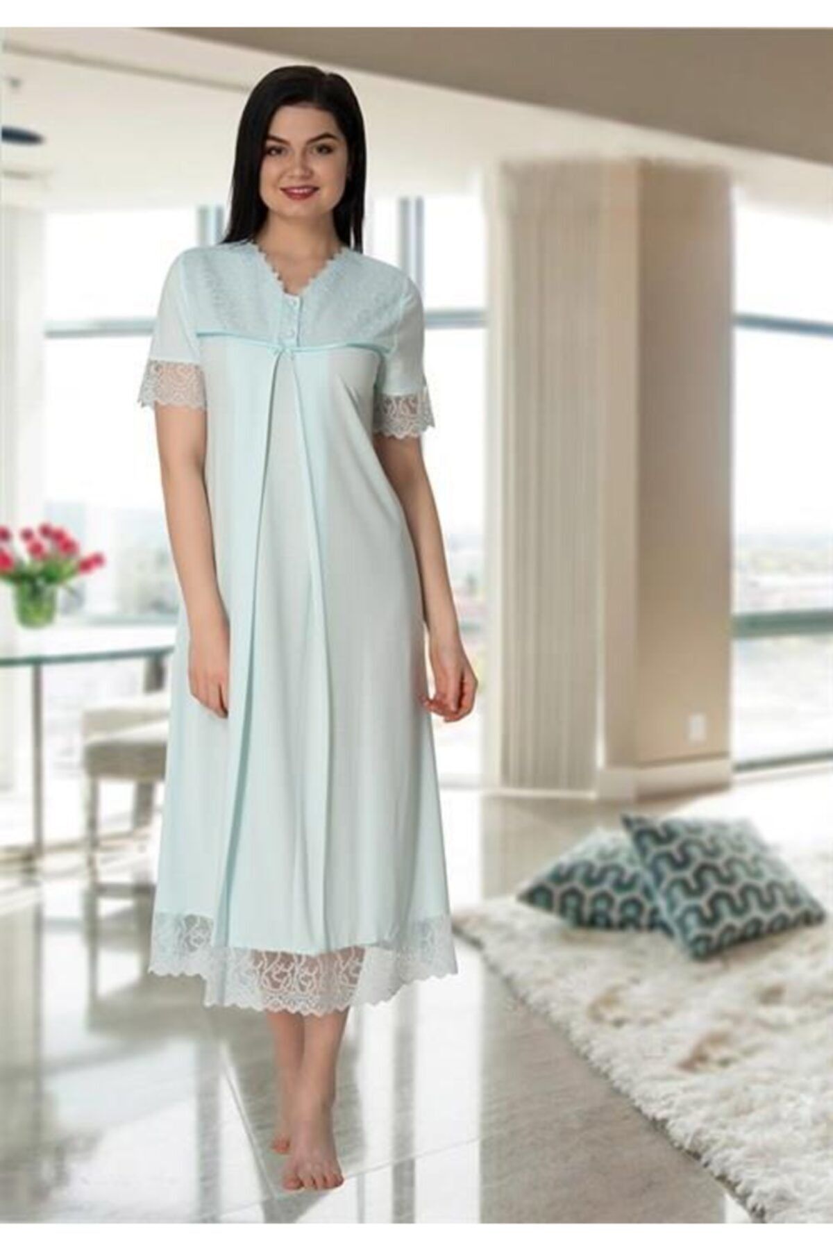 LOHOUSE Mavi Etekleri Dantel Kısa Kollu Yazlık Hamile Lohusa Gecelik Fiyatı, Yorumları - Trendyol