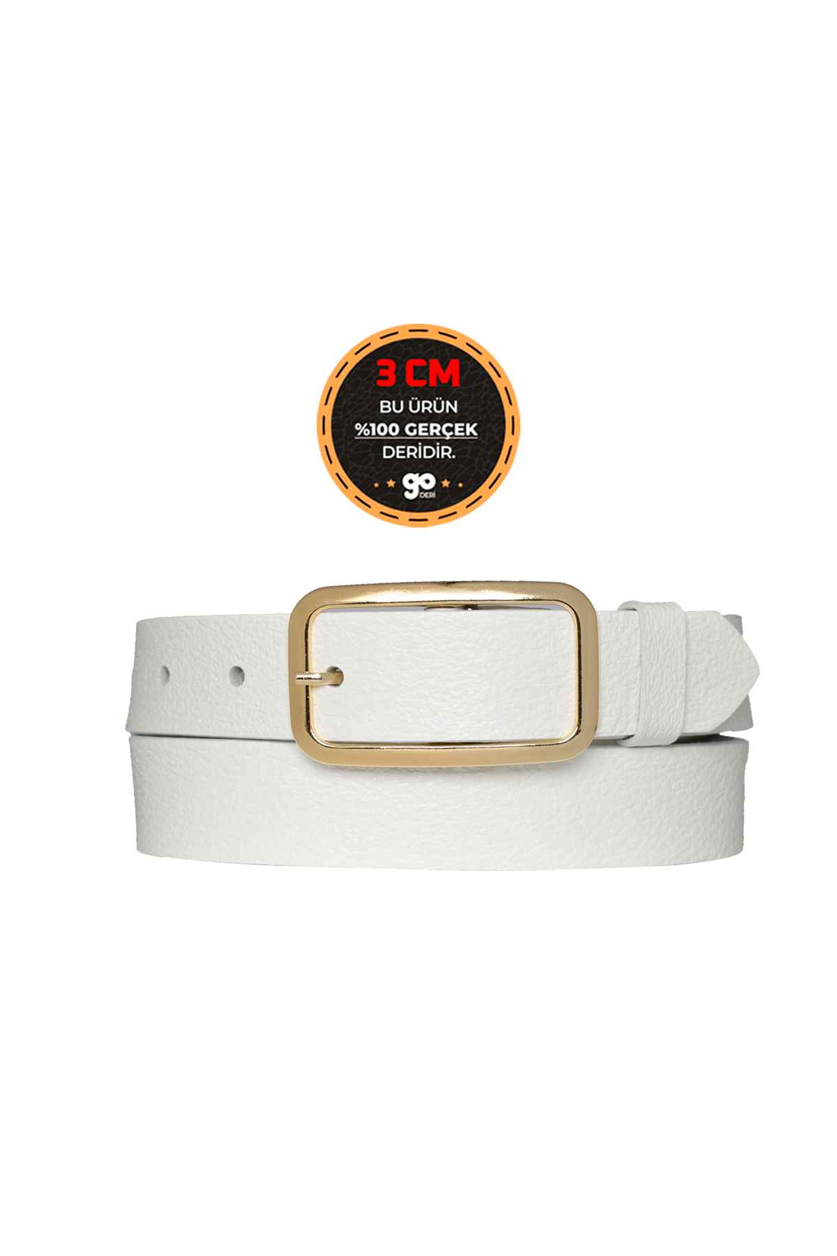 GoDeri %100 Hakiki Deri, Gold Tokalı Süt Beyaz 3 cm Kadın Kemeri ...