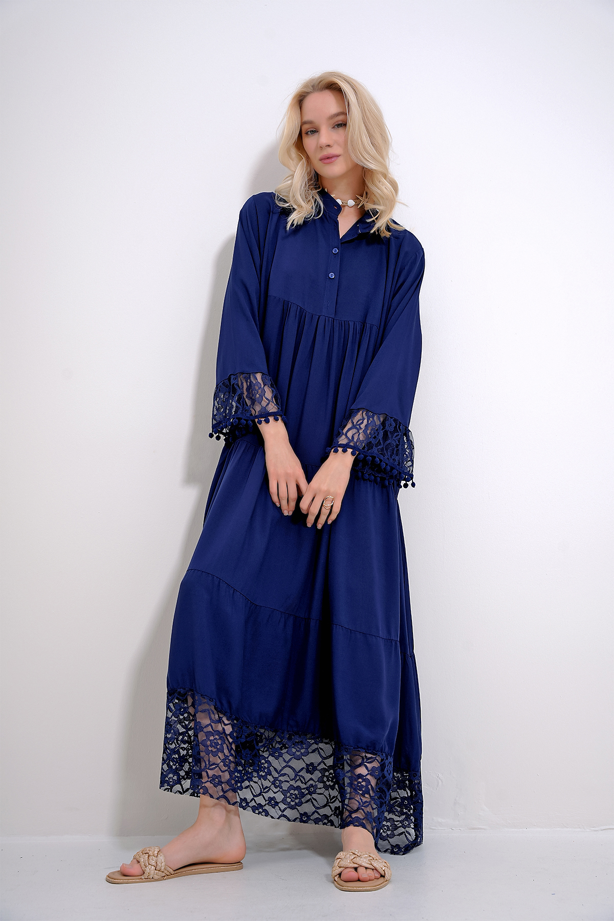 Trend Alaçatı Stili Women's Navy Blue Magnificent Collar Robe Buttoned ...