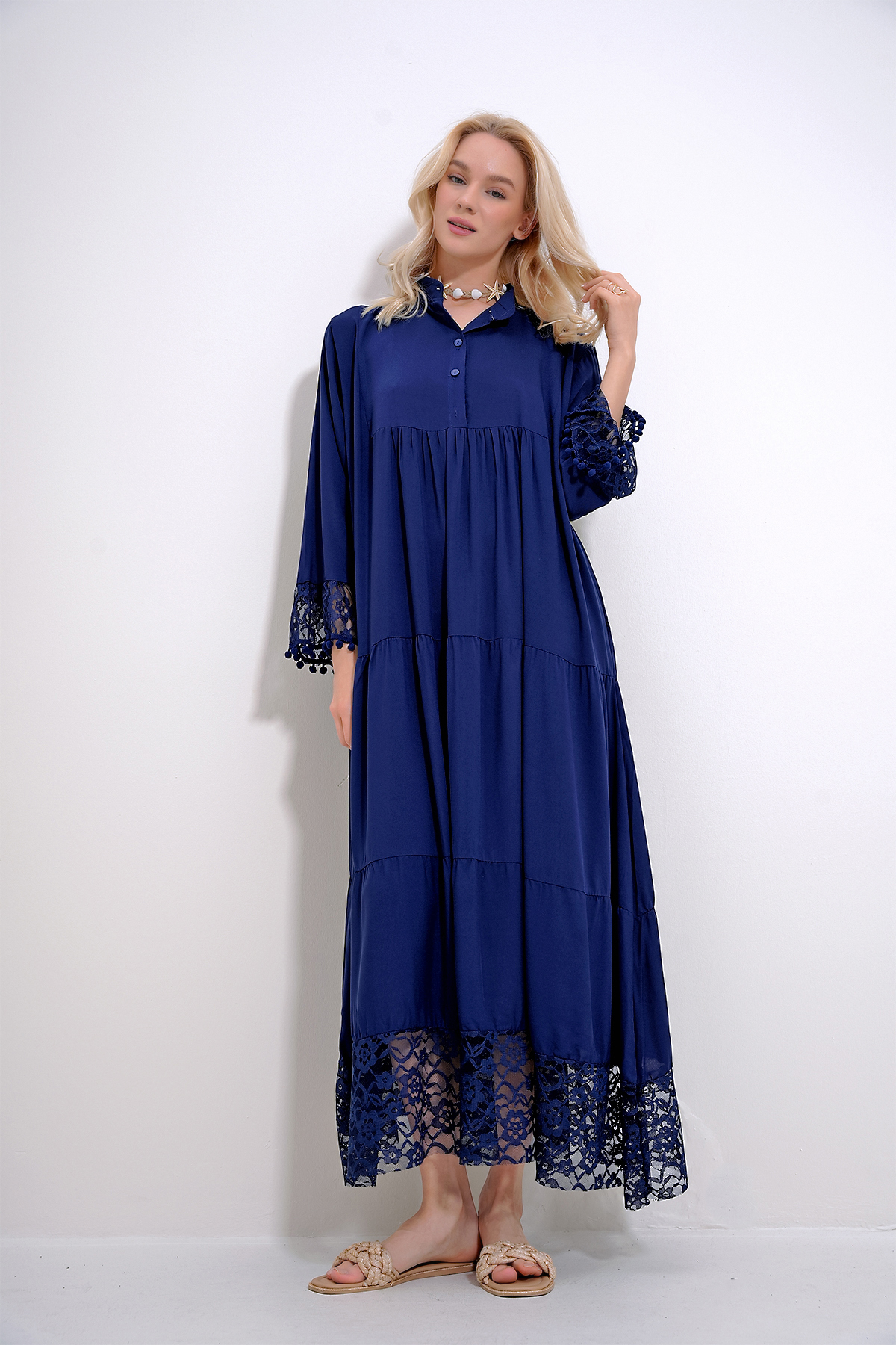 Trend Alaçatı Stili Women's Navy Blue Magnificent Collar Robe Buttoned ...