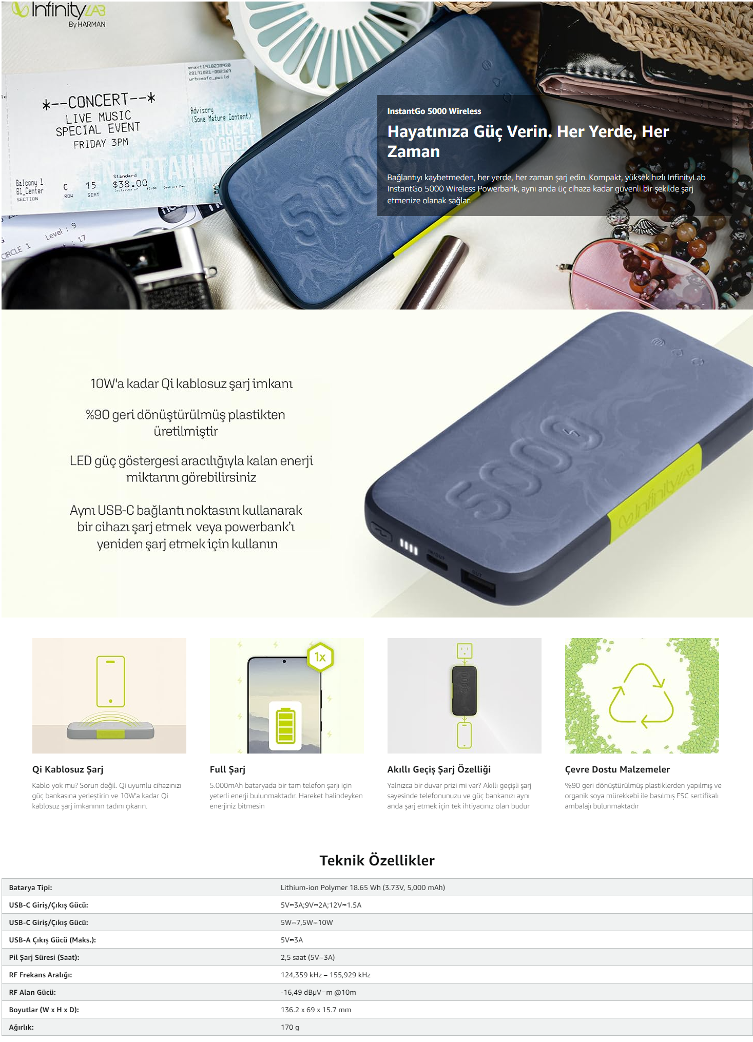 Infinity Lab by Harman - InstantGo Wireless Powerbank, 5000 mAh, Mavi ...