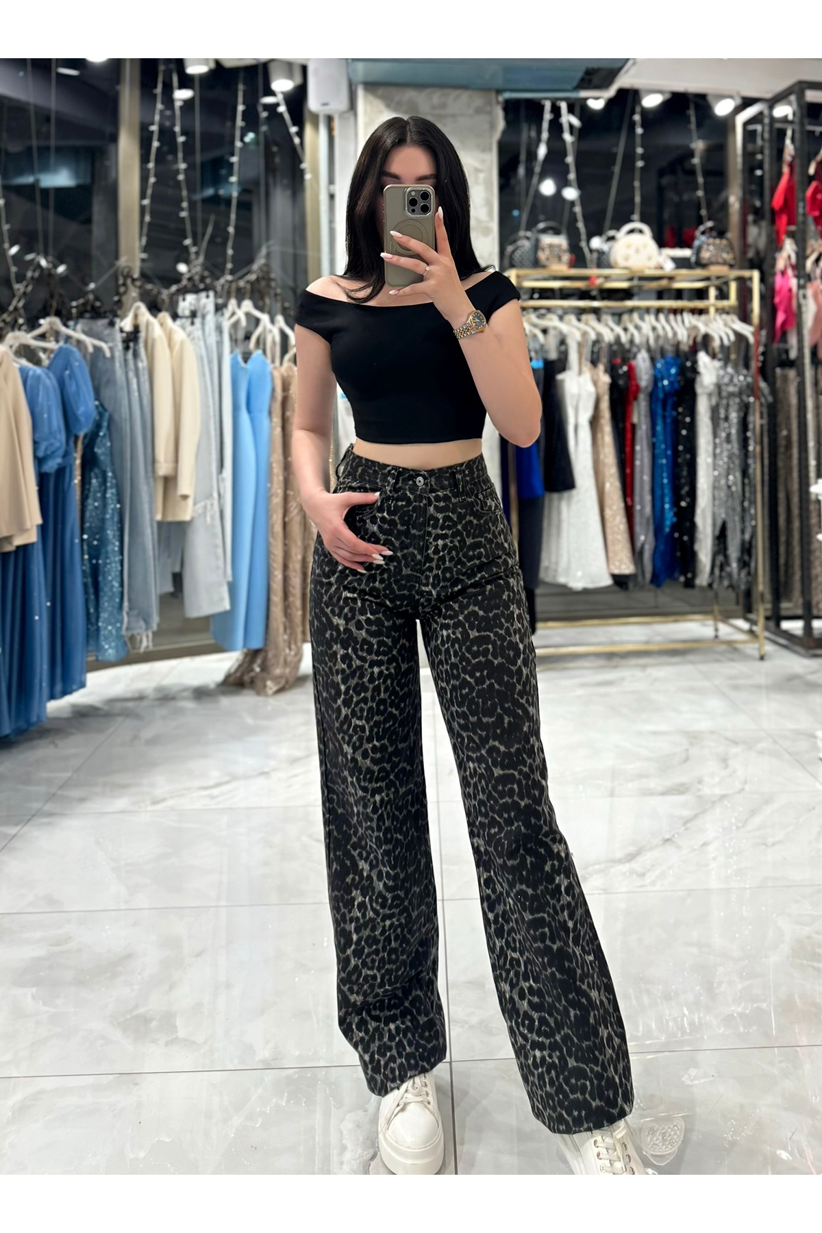 missswans Leodi Leopar Desenli Geniş Paça Yüksek Bel Kot Pantolon ...