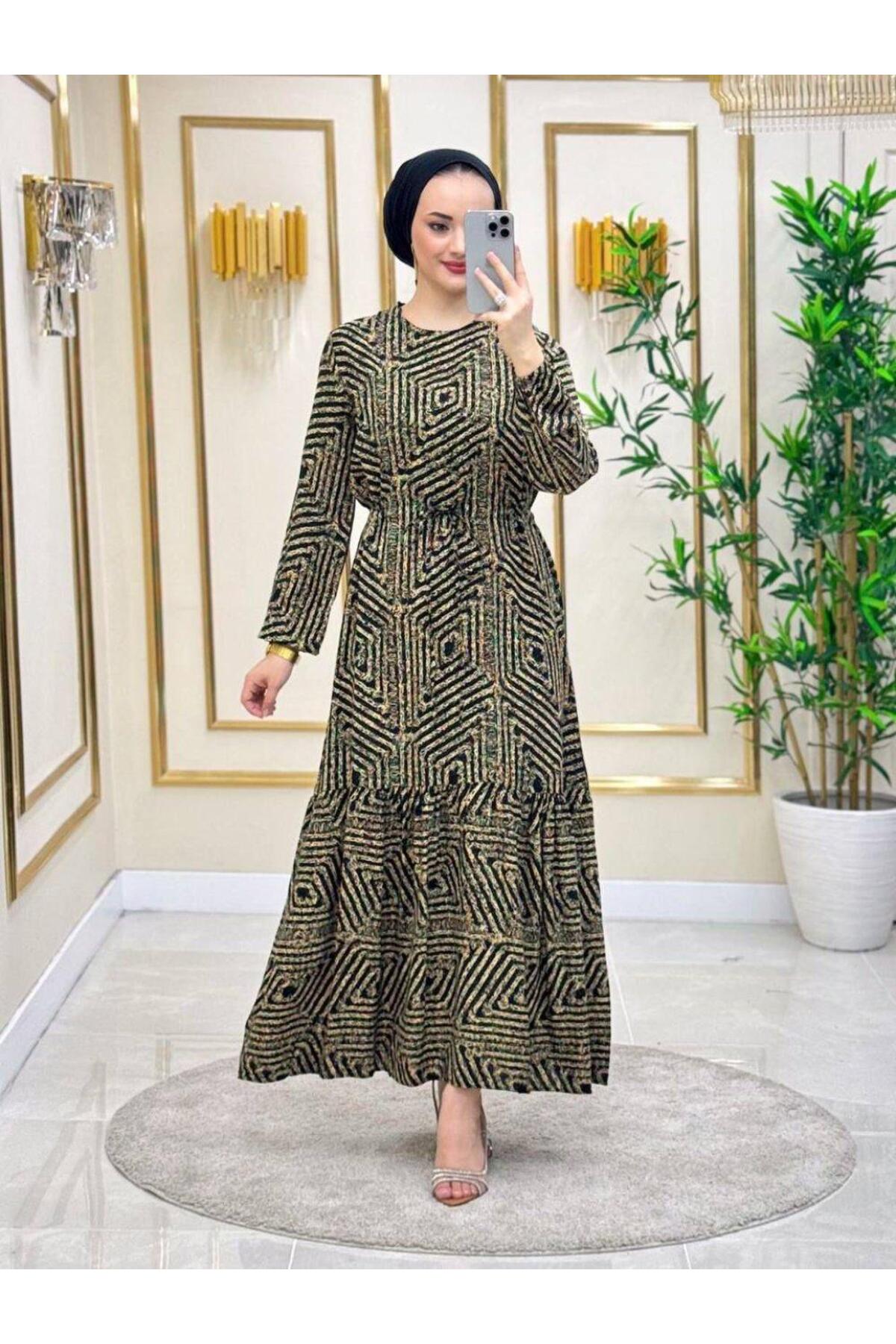 SELVİM BUTİK Bisiklet Yaka Bel Bağcıklı Tesettür Pamuklu Viscon Elbise ...