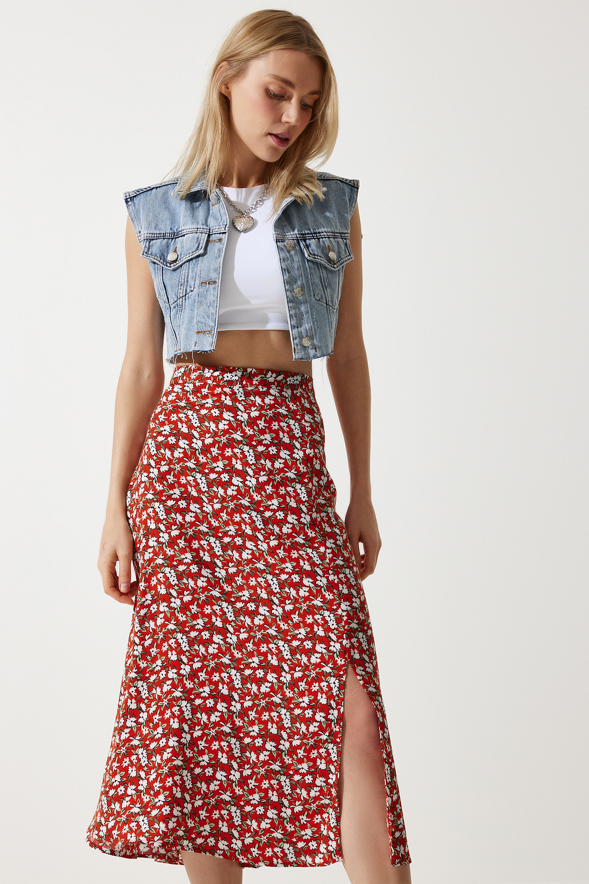 Happiness İstanbul Fustă de vară din viscoză, verde, cu fantă florală ...