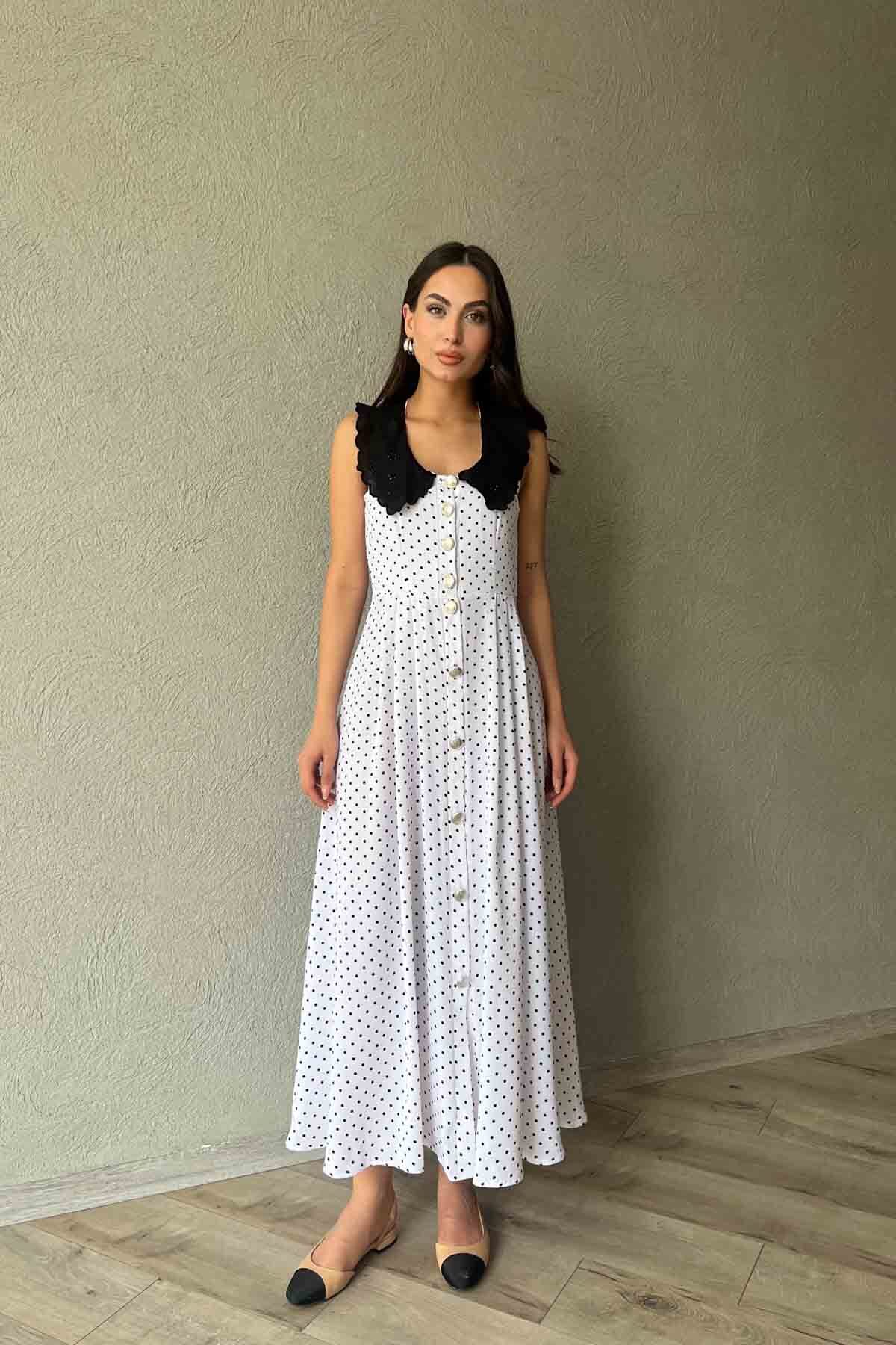 Seda Yalçın Atelier Beyaz Dantel Yaka Puantiyeli Tasarım Elbise Fiyatı ...