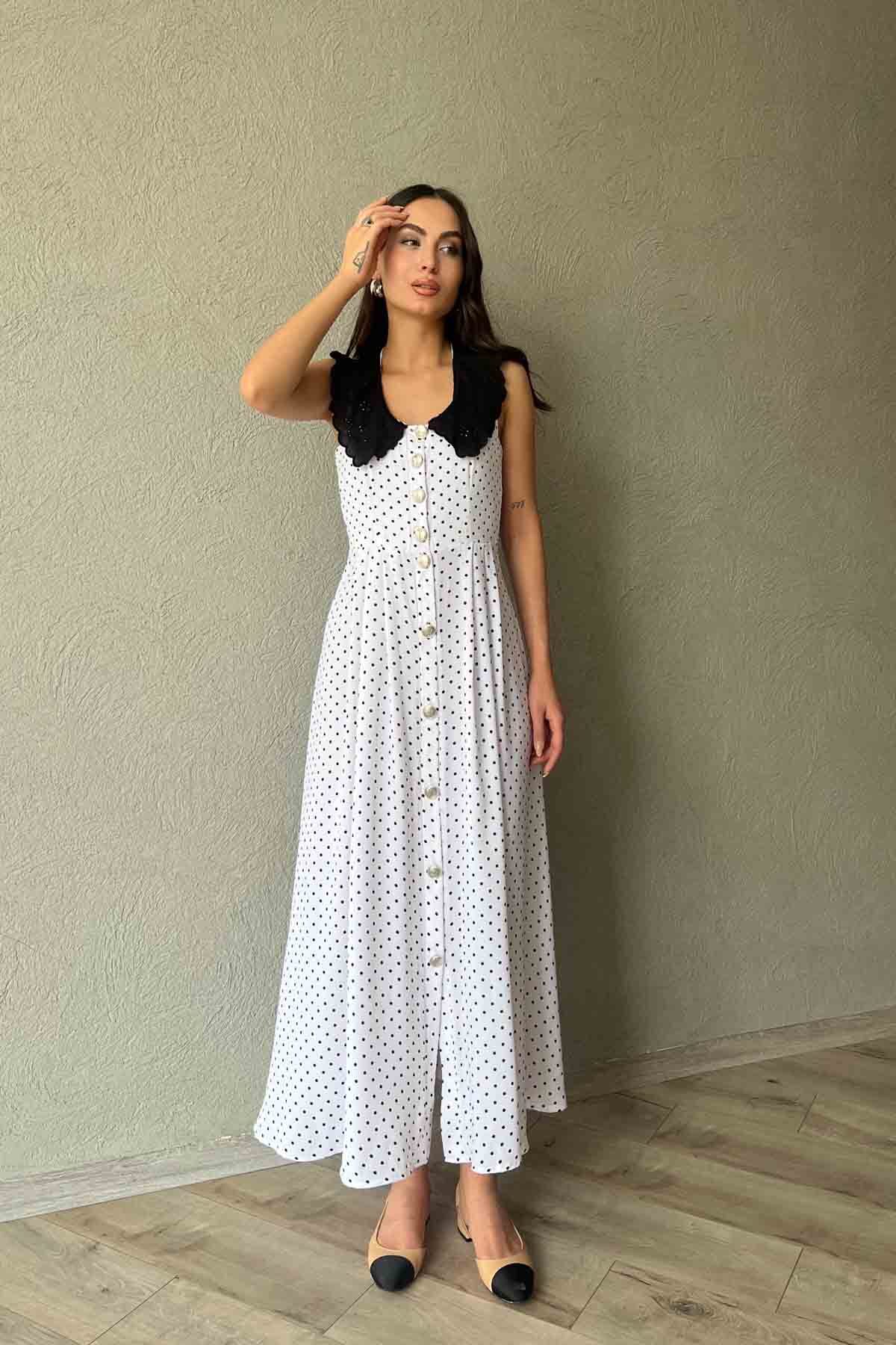 Seda Yalçın Atelier Beyaz Dantel Yaka Puantiyeli Tasarım Elbise Fiyatı ...