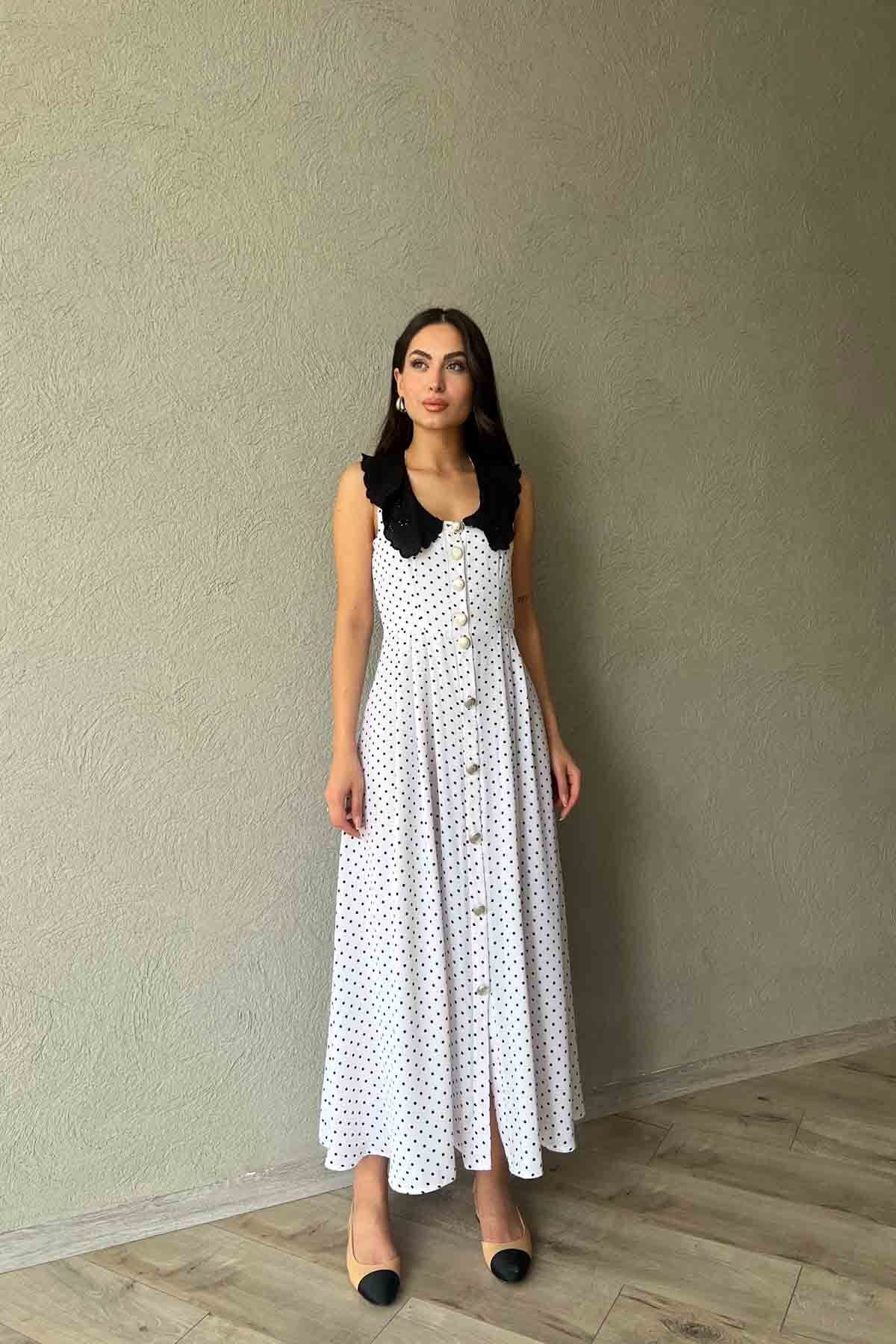 Seda Yalçın Atelier Beyaz Dantel Yaka Puantiyeli Tasarım Elbise Fiyatı ...
