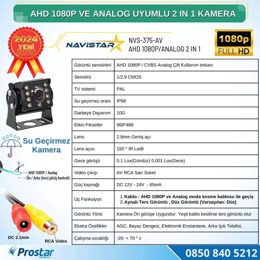 Navistar Mini Kamera AHD 1080P ve Analog Pal Çevirilebilir Gece Görüşlü ...