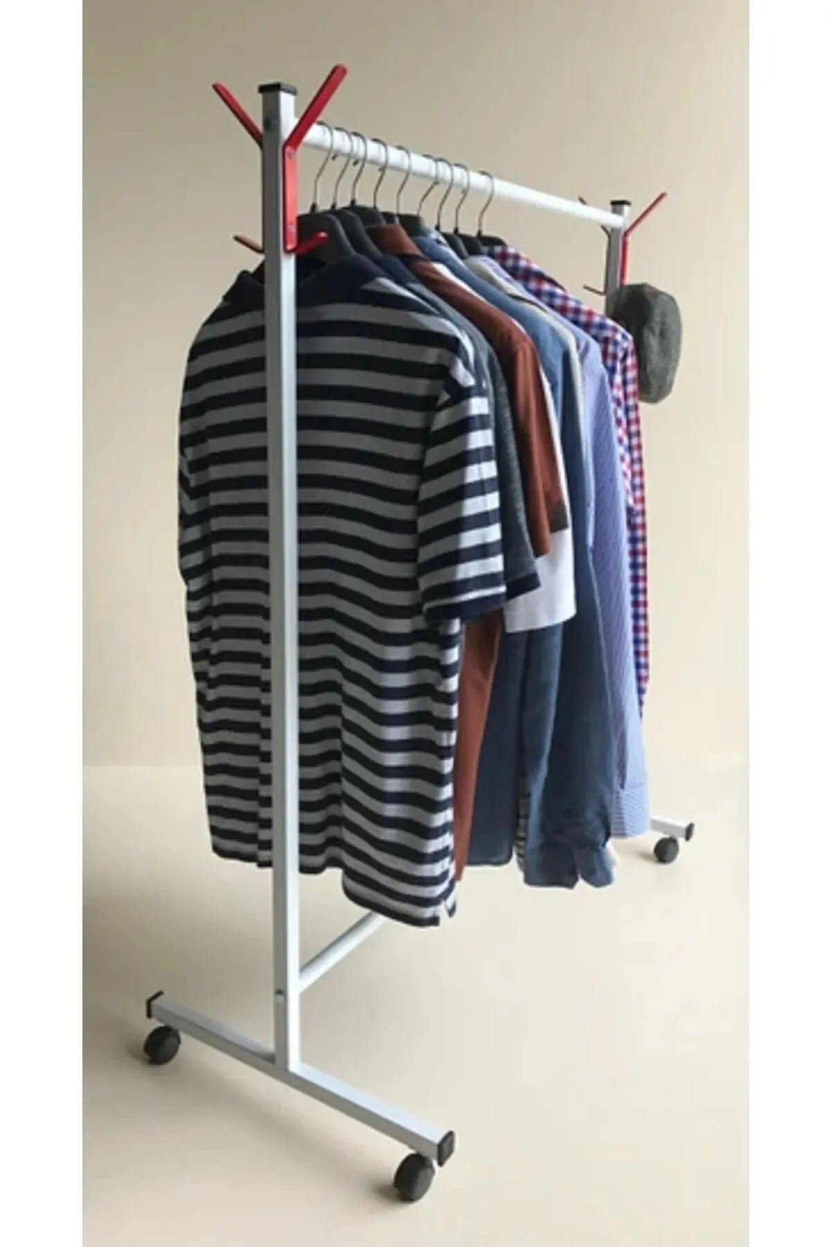 HOLTECH Paslanmaz Tekerlekli Beyaz Metal Konfeksiyon Elbise Kıyafet Askılık Portatif Vitrin ...