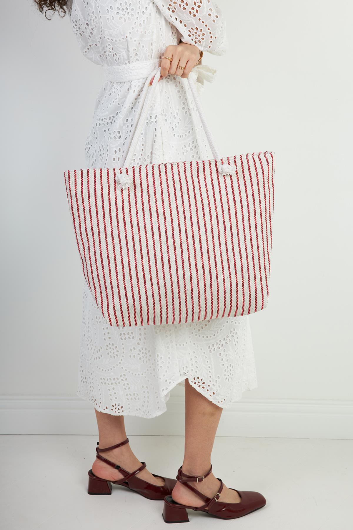 Mopia Manila Kırmızı Çizgili Kadın Kumaş Astarlı Plaj ve Shopper Çanta ...