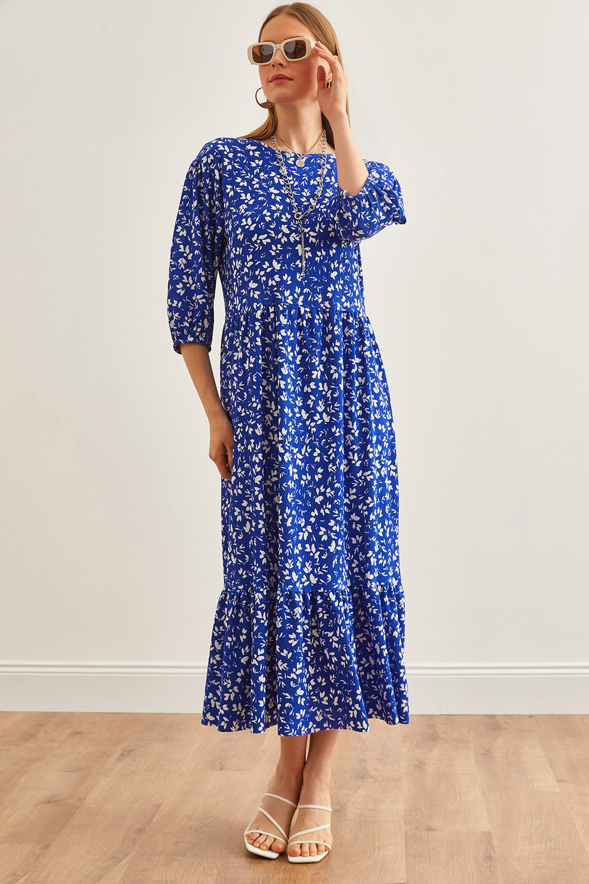 Olalook Kadın Saks Yaprak Sırtı Damla Salaş Maxi Elbise TSE-00000003 ...