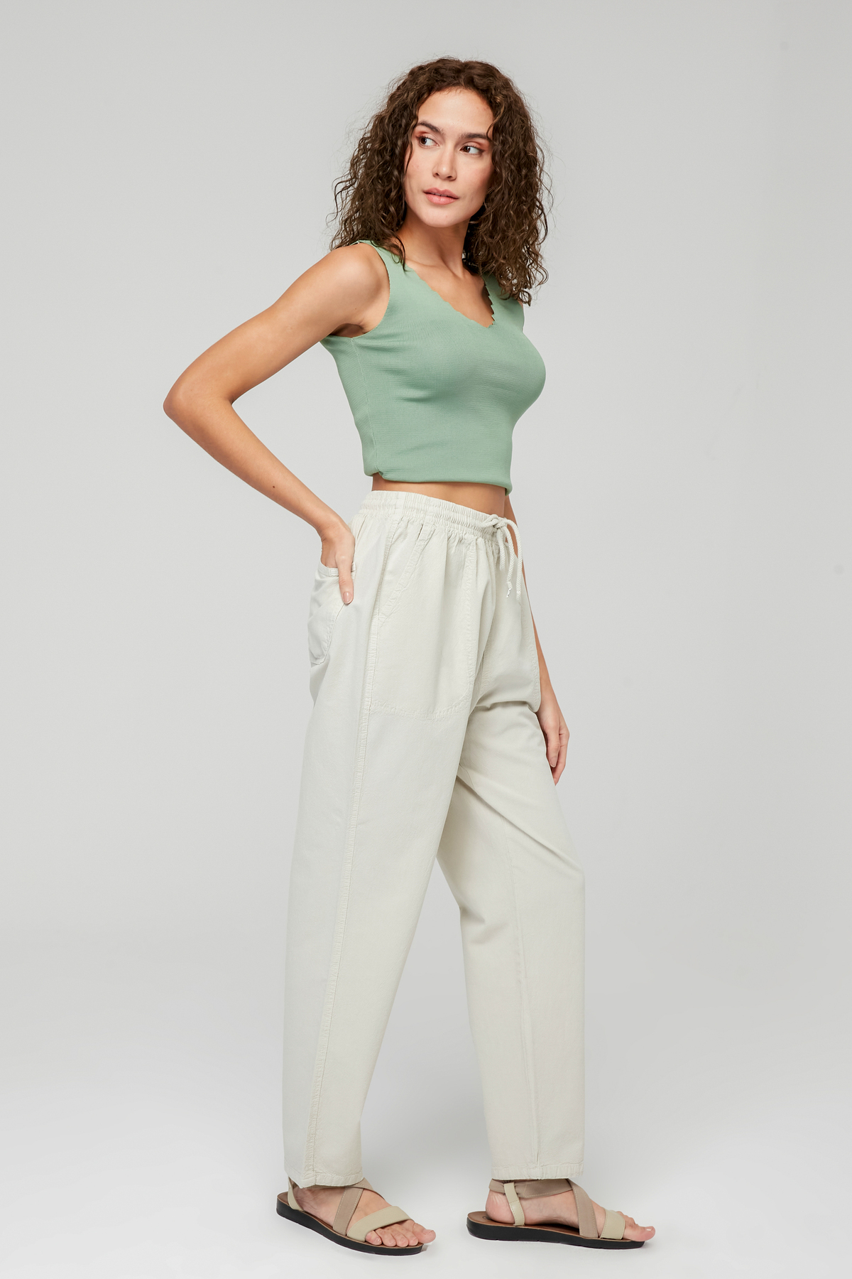 MONAHA Kadın Taş Rengi Yüksek Bel Keten Görünümlü %100 Pamuk Pantolon ...