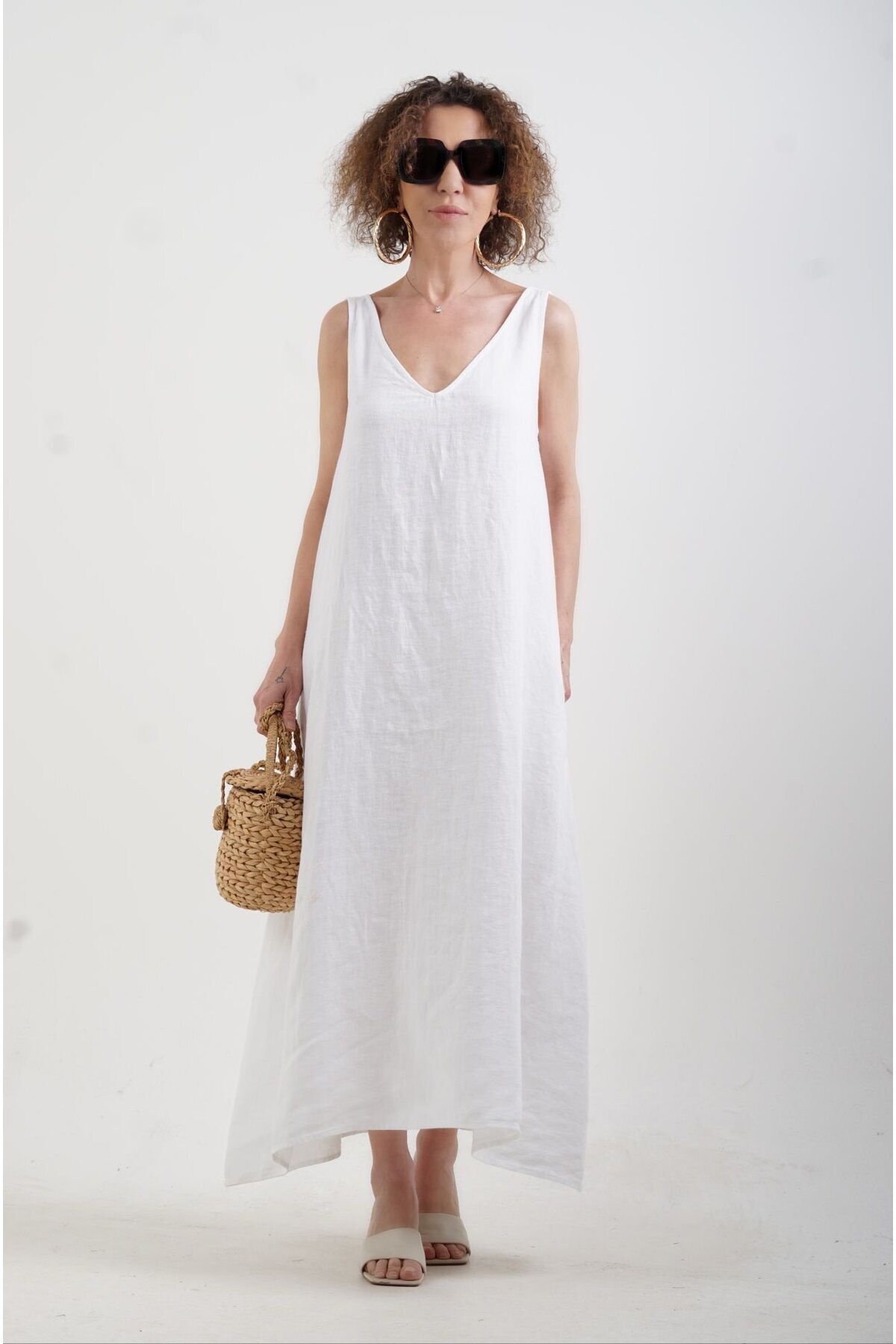 Zelish My Sister Beyaz Naturel Keten Ön Arka V Yaka Elbise - Fiyatı, Yorumları