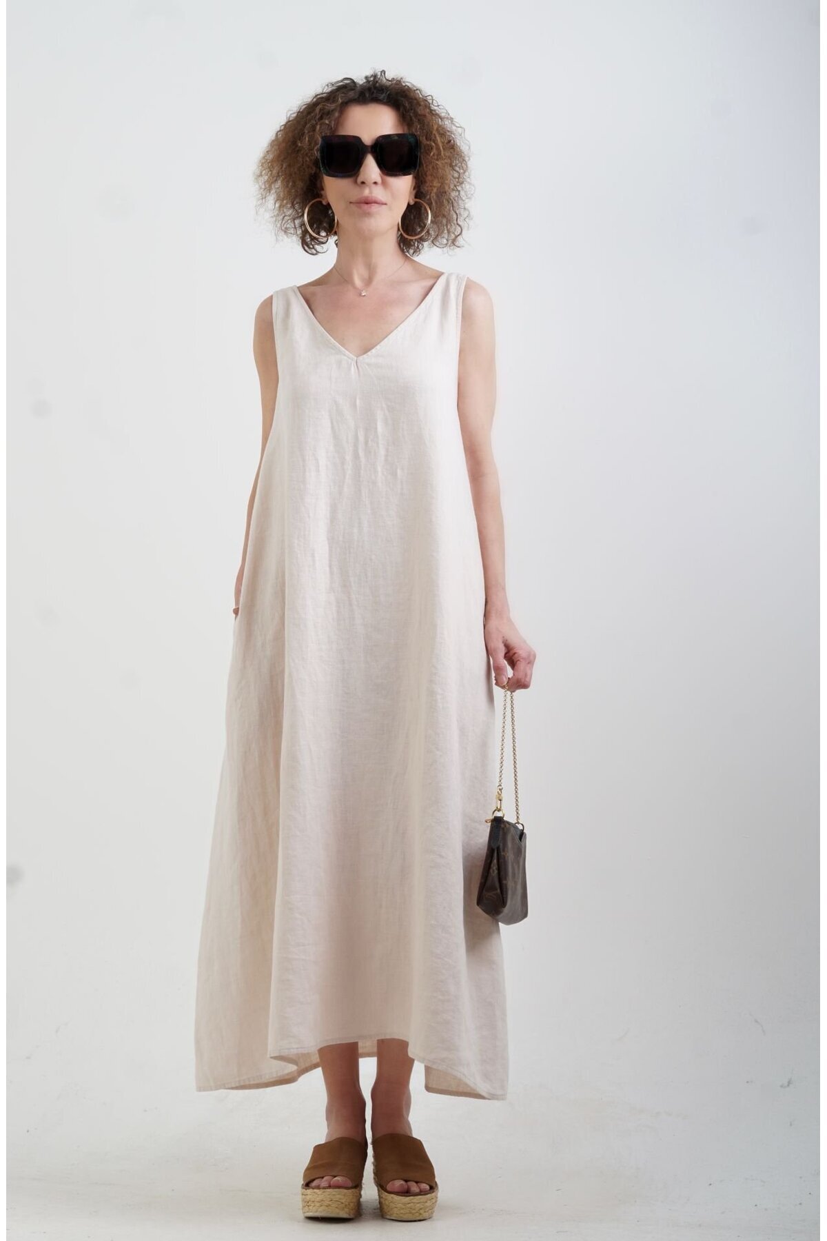 Zelish My Sister Bej Naturel Keten Ön Arka V Yaka Elbise Fiyatı ...