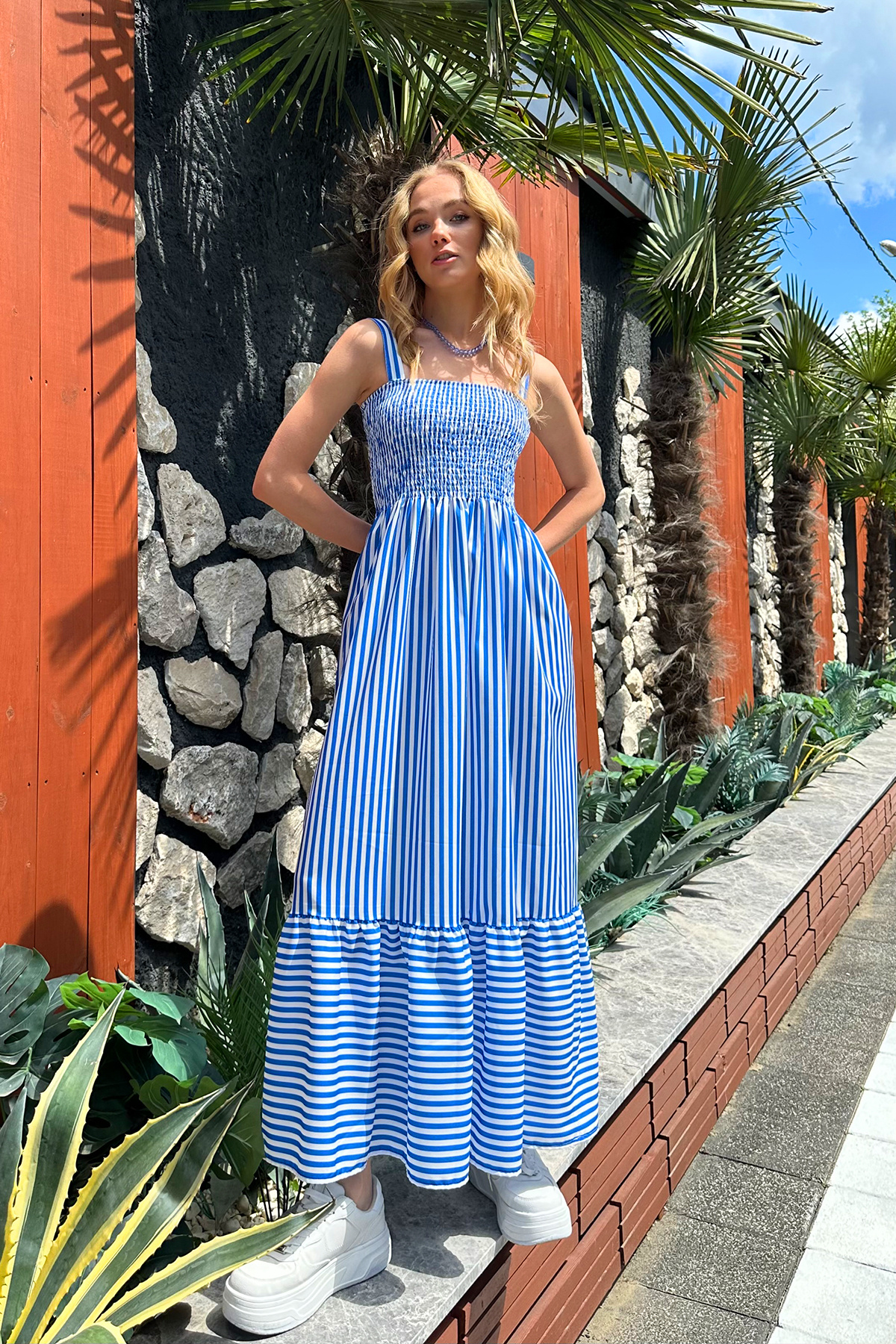 Trend Alaçatı Stili Kadın Mavi Askılı Gipeli Eteği Volanlı Çizgili ...