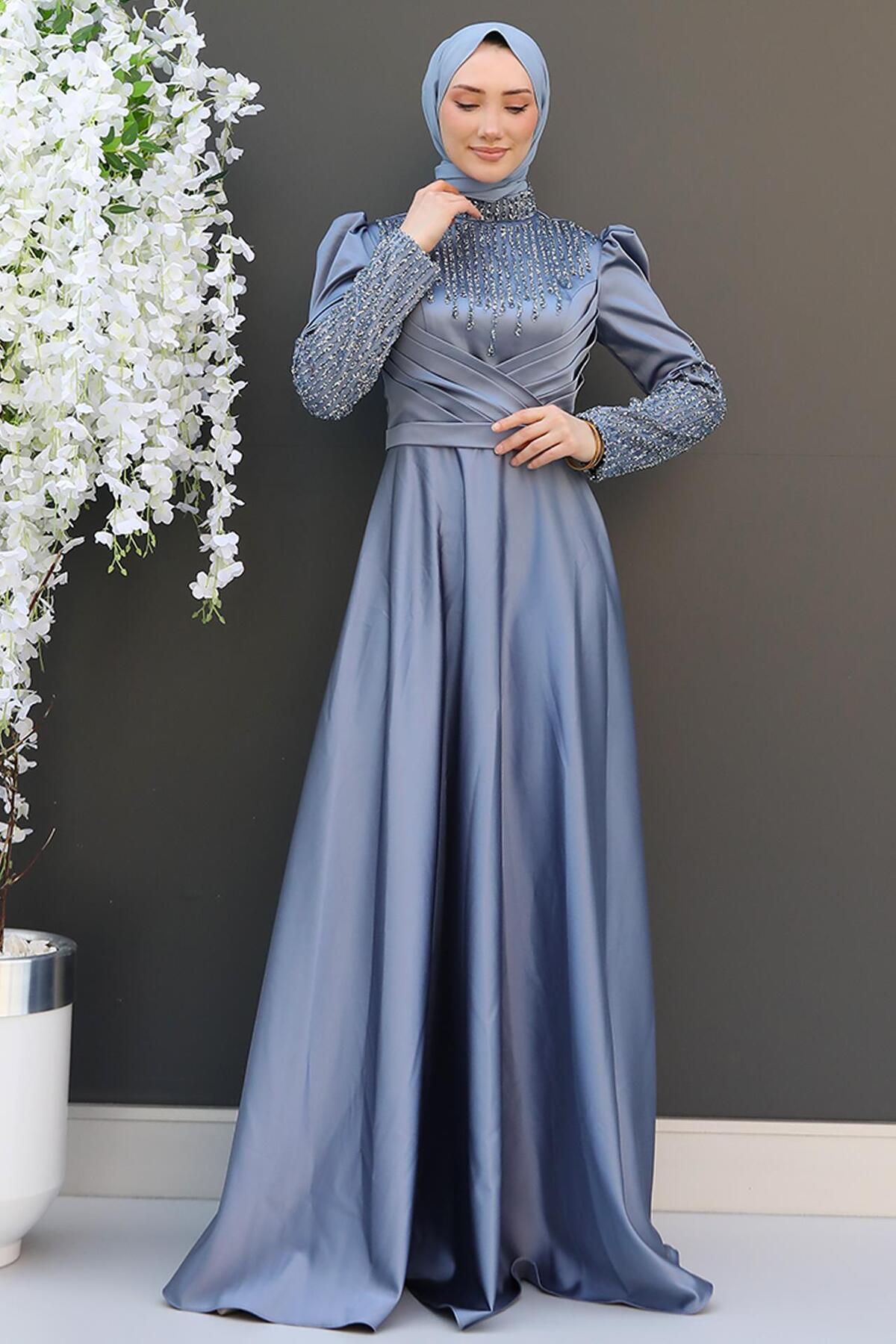GİZ AGİYİM Feyda Tesettür Abiye Gri mavi Fiyatı, Yorumları - Trendyol