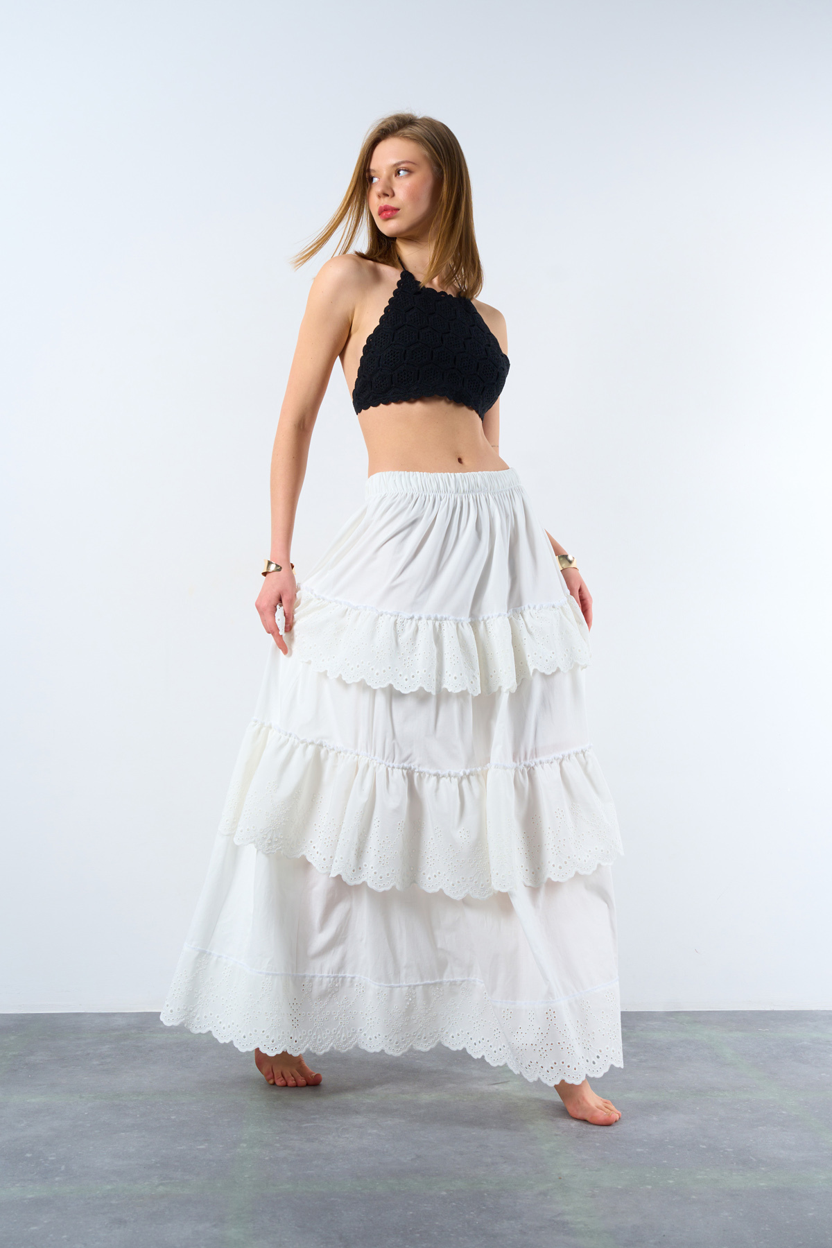 LOOSH Kadın Beyaz Kat Kat Fistolu Etek - Fiyatı, Yorumları