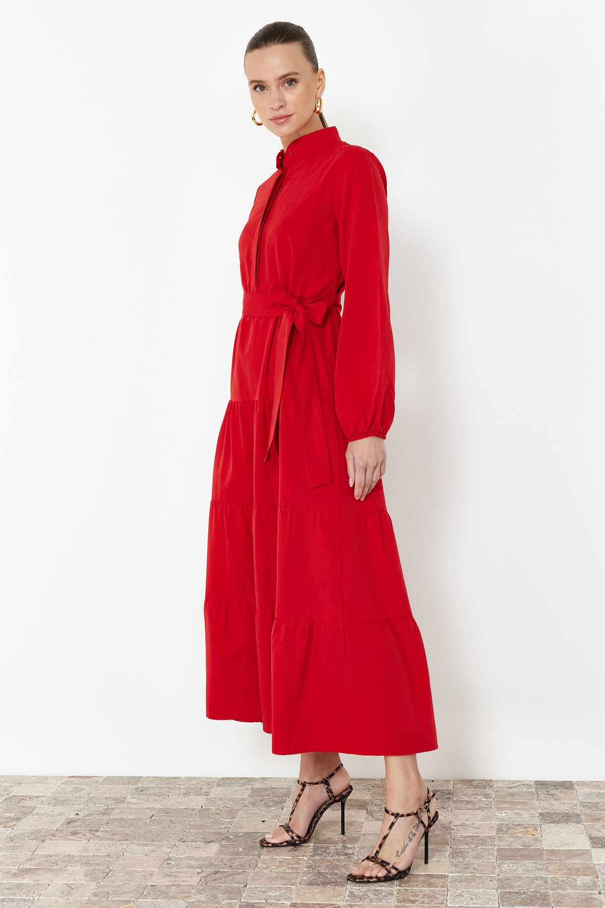 TRENDYOL MODEST Red Belted Dress with Prevailing Collar and Button ...