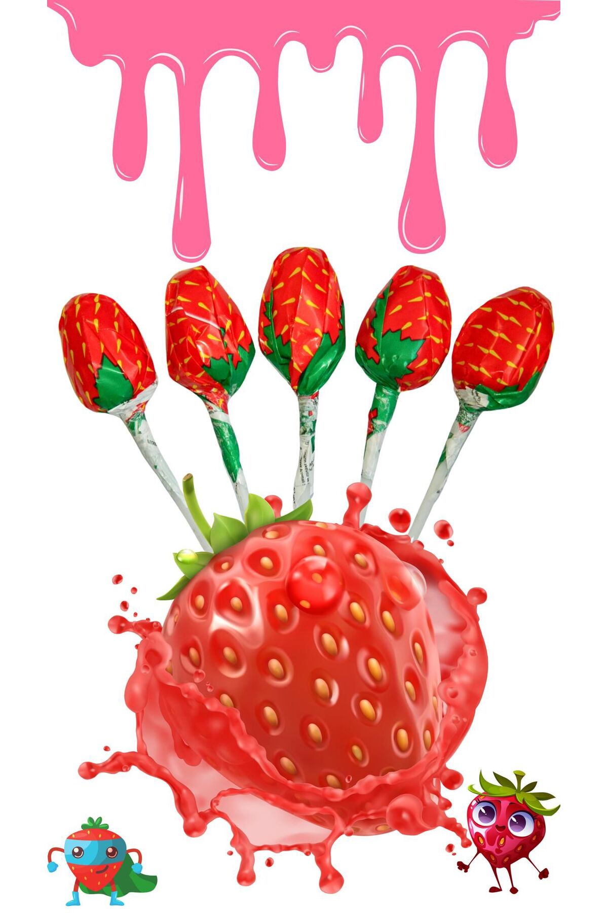 LOLİŞ Strawberry Lolipop Pvc Kutu 120 Adet Gerçek Çilek Lezzetli ...