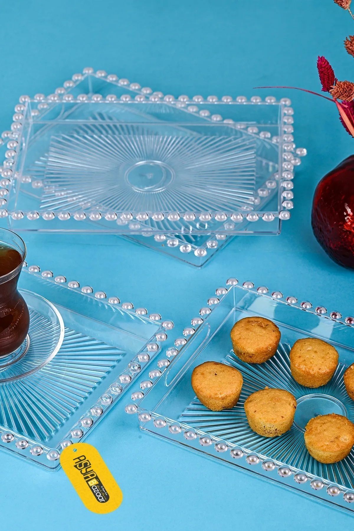 ASYA BAZAAR 6 ADET Boncuklu Lokumluk Ve 6 ADET Boncuklu Tepsi -Kahve ...