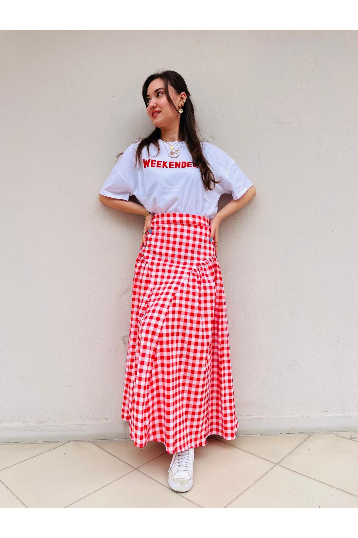 Shiny Boutique Yanları Büzgülü Ekoseli Etek Kırmızı Fiyatı, Yorumları ...