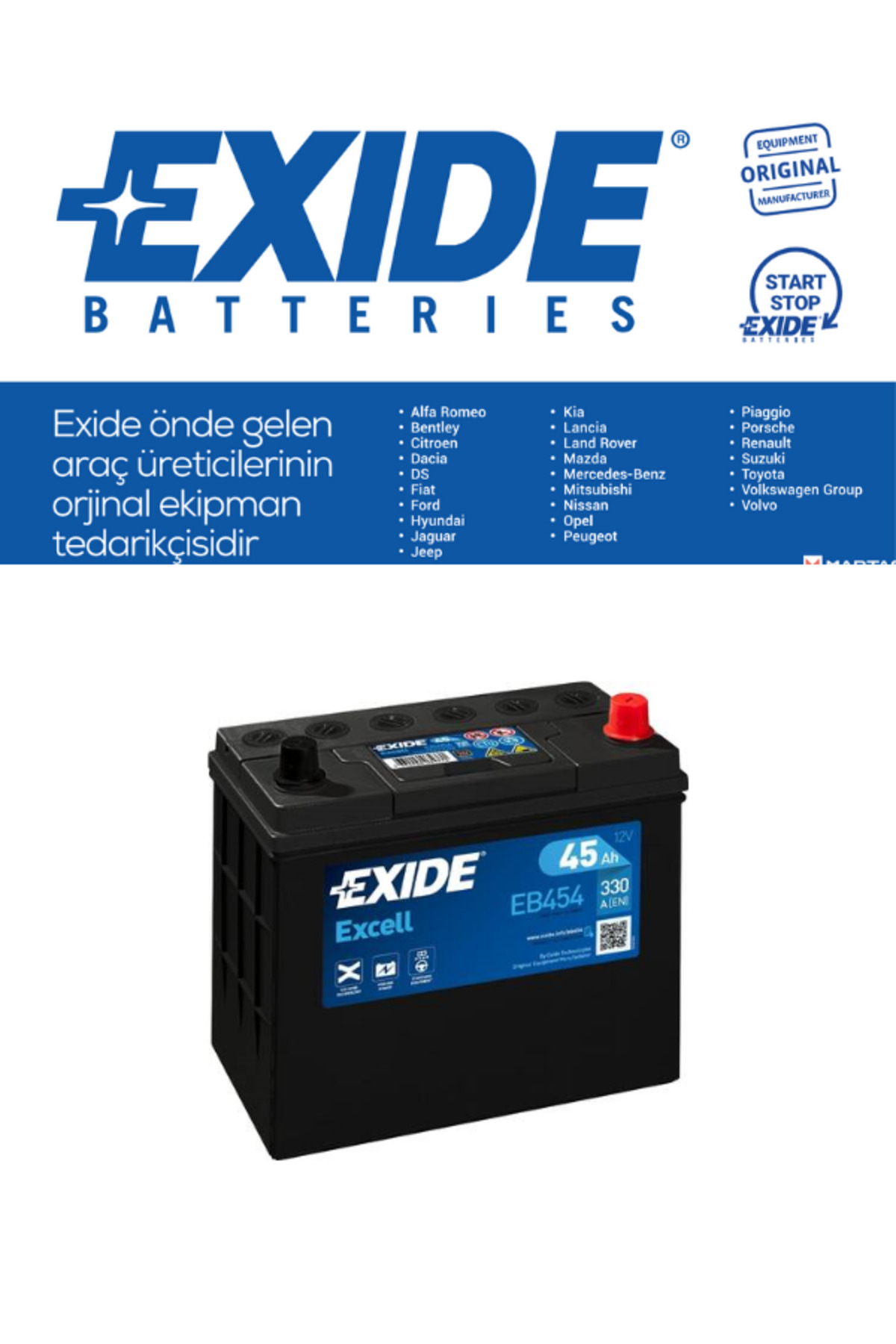 Exide 45 AH (AMPER) AKÜ EXCELL 330CCA B24(NS60) DÜZ TIRNAKSIZ ...