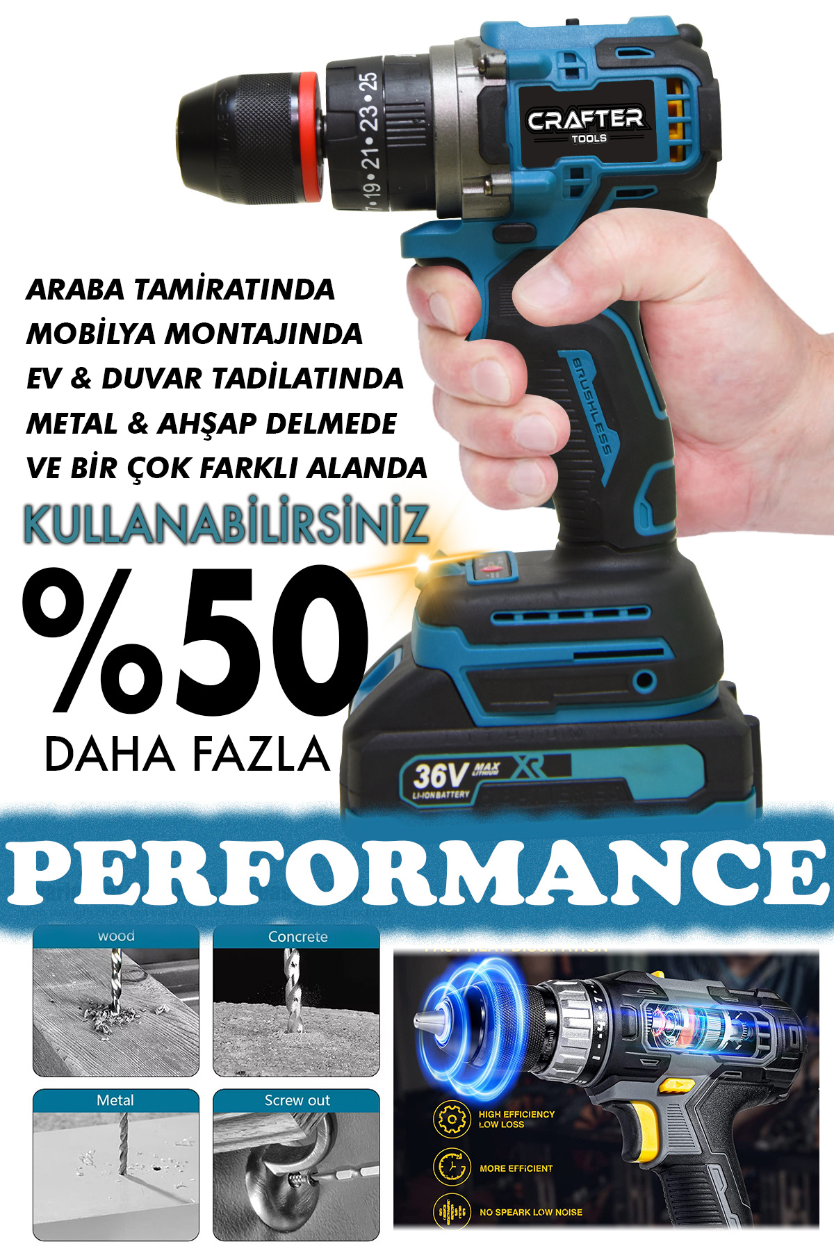 CRAFTERTOOLS 36V 5Ah Kömürsüz Motor Çelik Mandren Akülü Vidalama ...