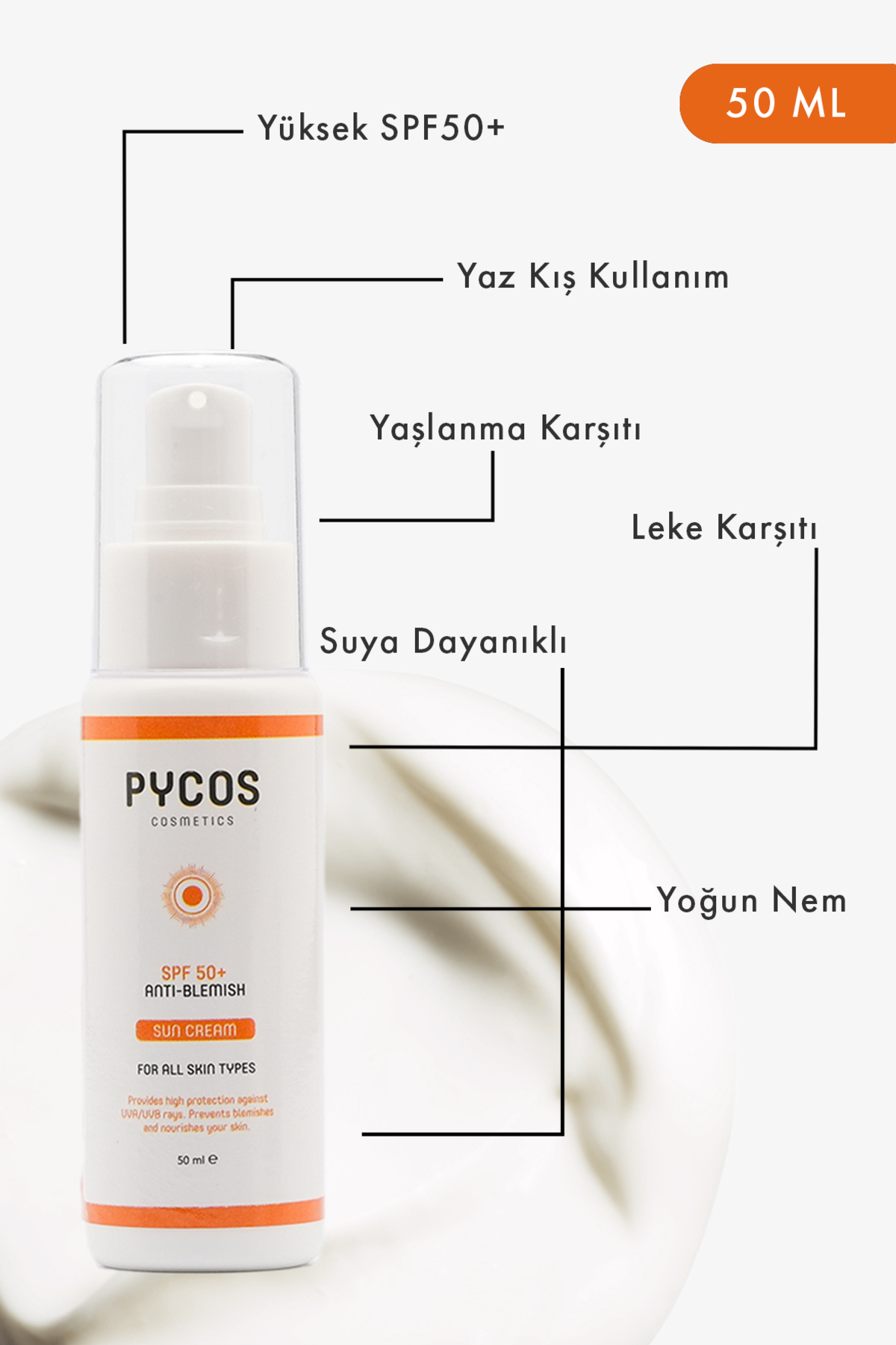PYCOS COSMETICS Spf 50 Leke Karşıtı Yüz Güneş Kremi 50ml, Tüm Cilt ...
