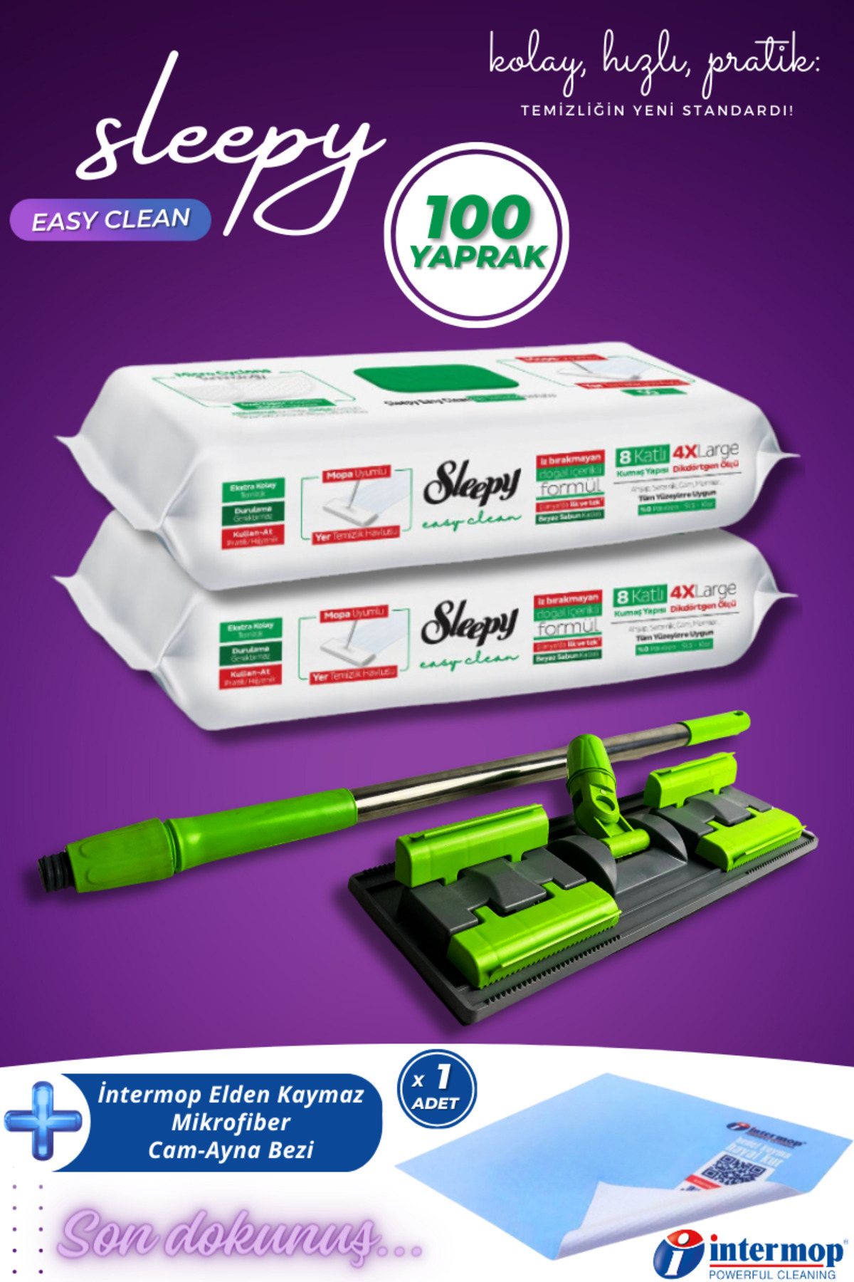 Sleepy Easy Clean Beyaz Sabun Katkılı Mopa Uyumlu Yer Temizlik Havlusu 100 Yaprak + Mop Aparatı ...