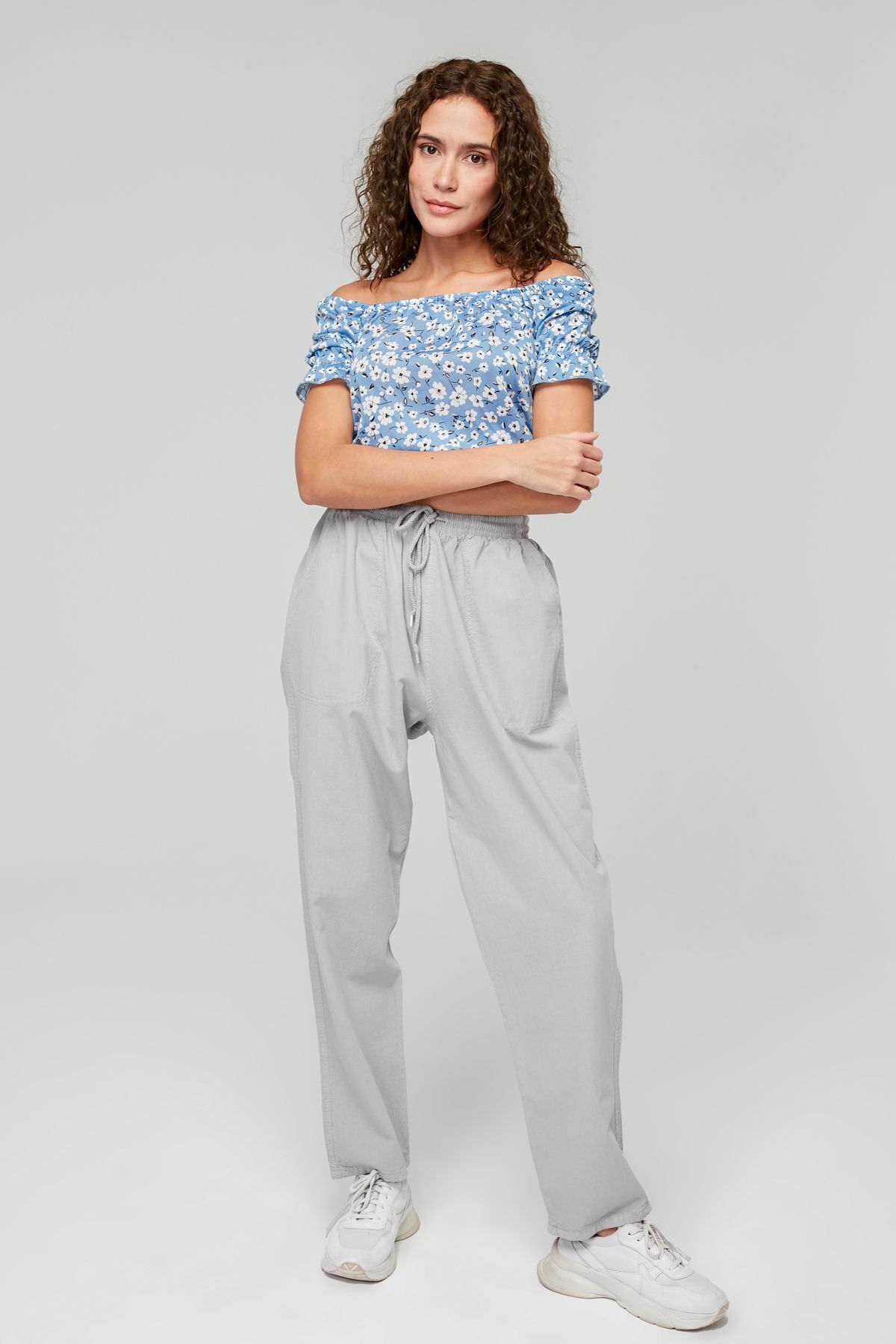 MONAHA Kadın Açık Gri Yüksek Bel Keten Görünümlü %100 Pamuk Pantolon ...