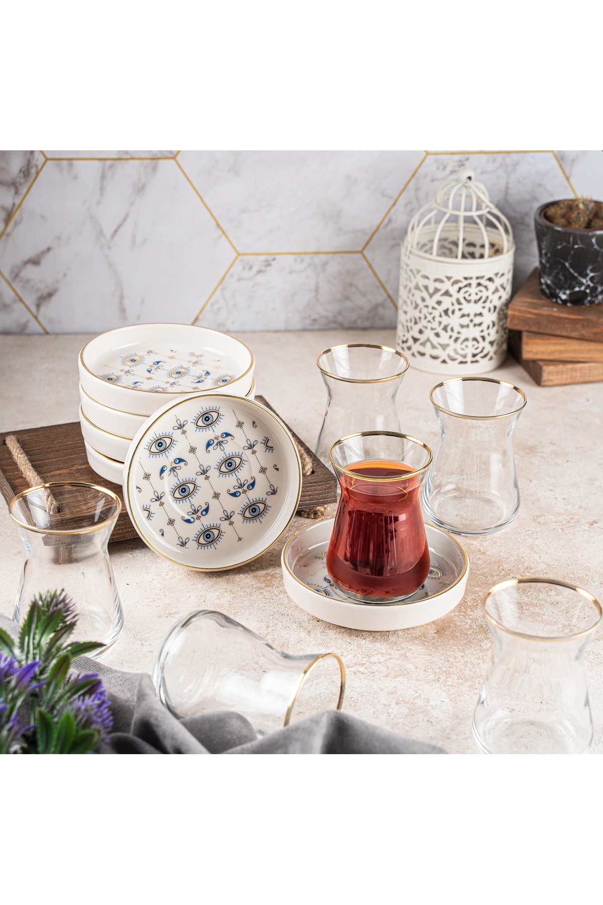 AYBABA STORE Çay Bardağı Seti Göz Desenli Yaldızlı 6 Kişilik 12 Parça ...