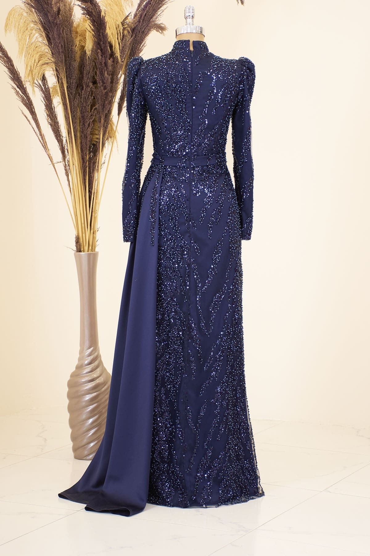 Surikka Navy Blue Bead Embroidered Pendulum Evening Dress- Trendyol