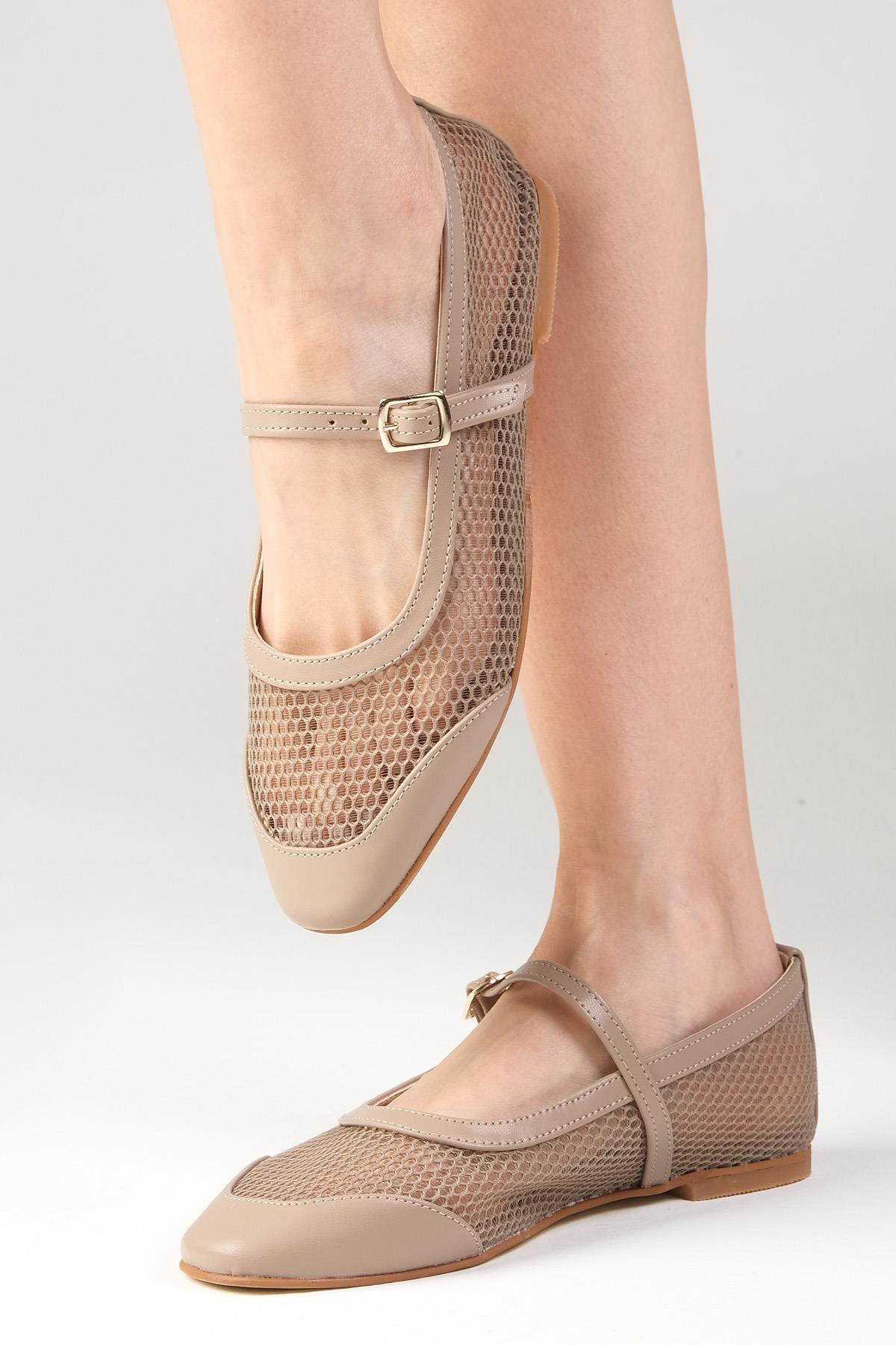 Mio Gusto Michelle Vizon Renk Küt Burunlu Kadın Fileli Babet Ayakkabı ...