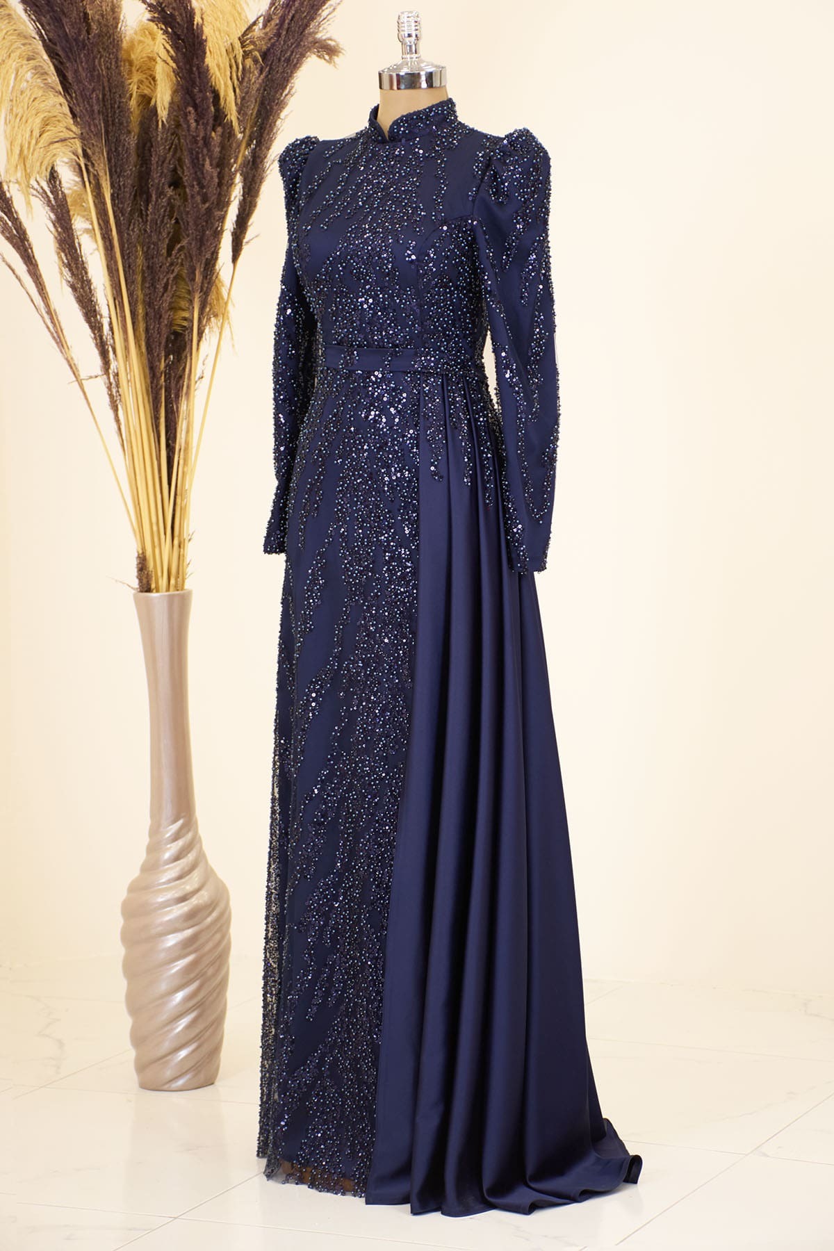 Surikka Navy Blue Bead Embroidered Pendulum Evening Dress- Trendyol