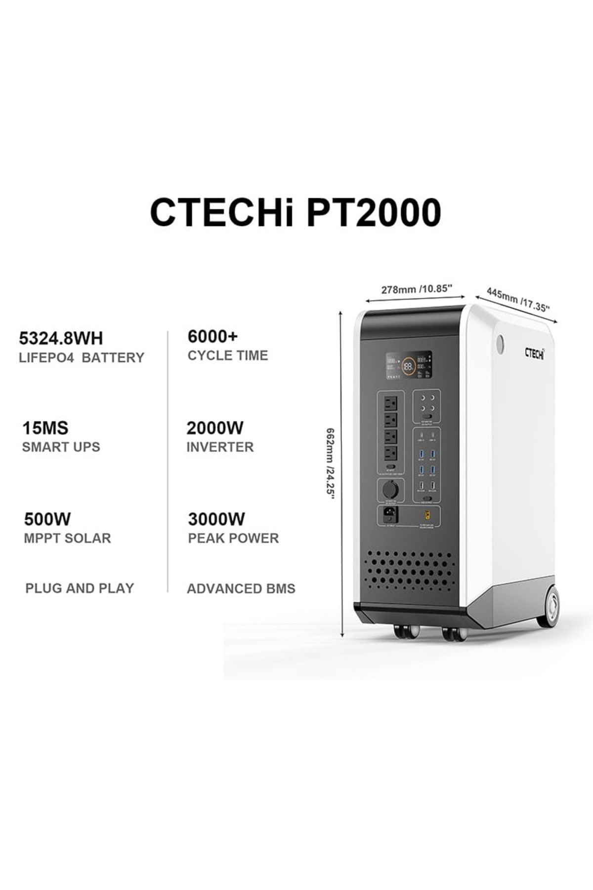 CTECHI PT2000 2KW 5324WH LiFePo4 Taşınabilir Güç İstasyonu (Tekerlekli ...