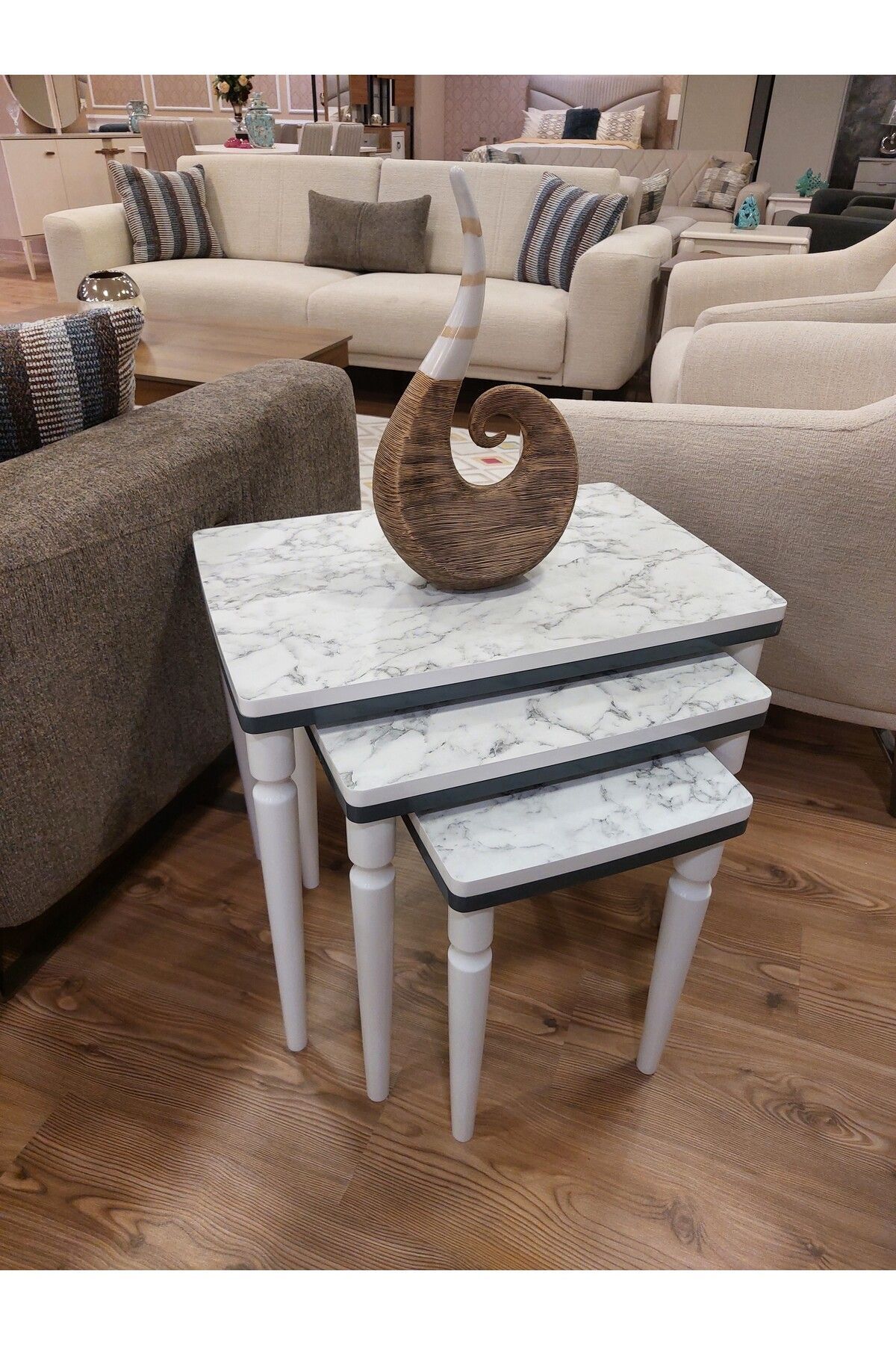 AKSET 3lü Lüx Zigon Sehpa Beyaz Mermer Antrasit - Fiyatı, Yorumları