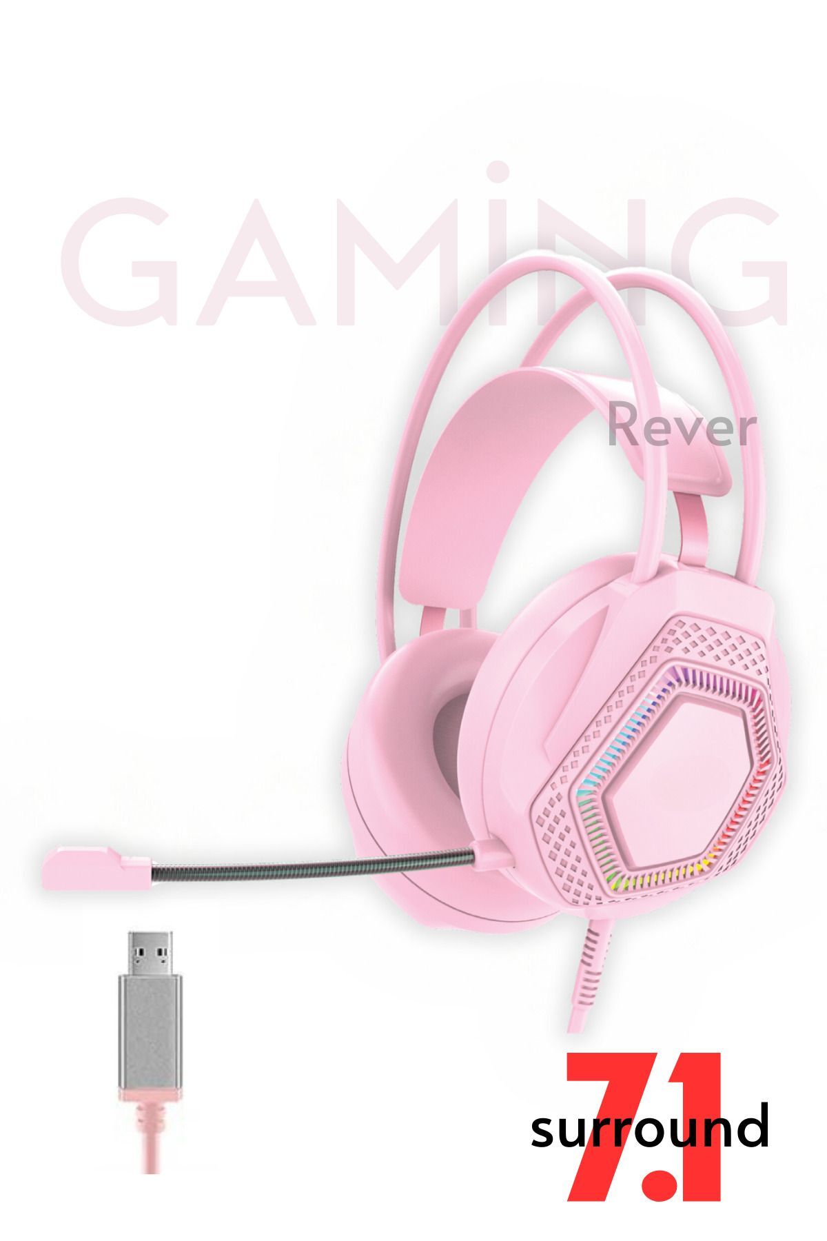 Rever 7.1 Usb Led Işıklı Pembe Mikrofonlu Gaming Oyuncu Kulaklığı Pc ...